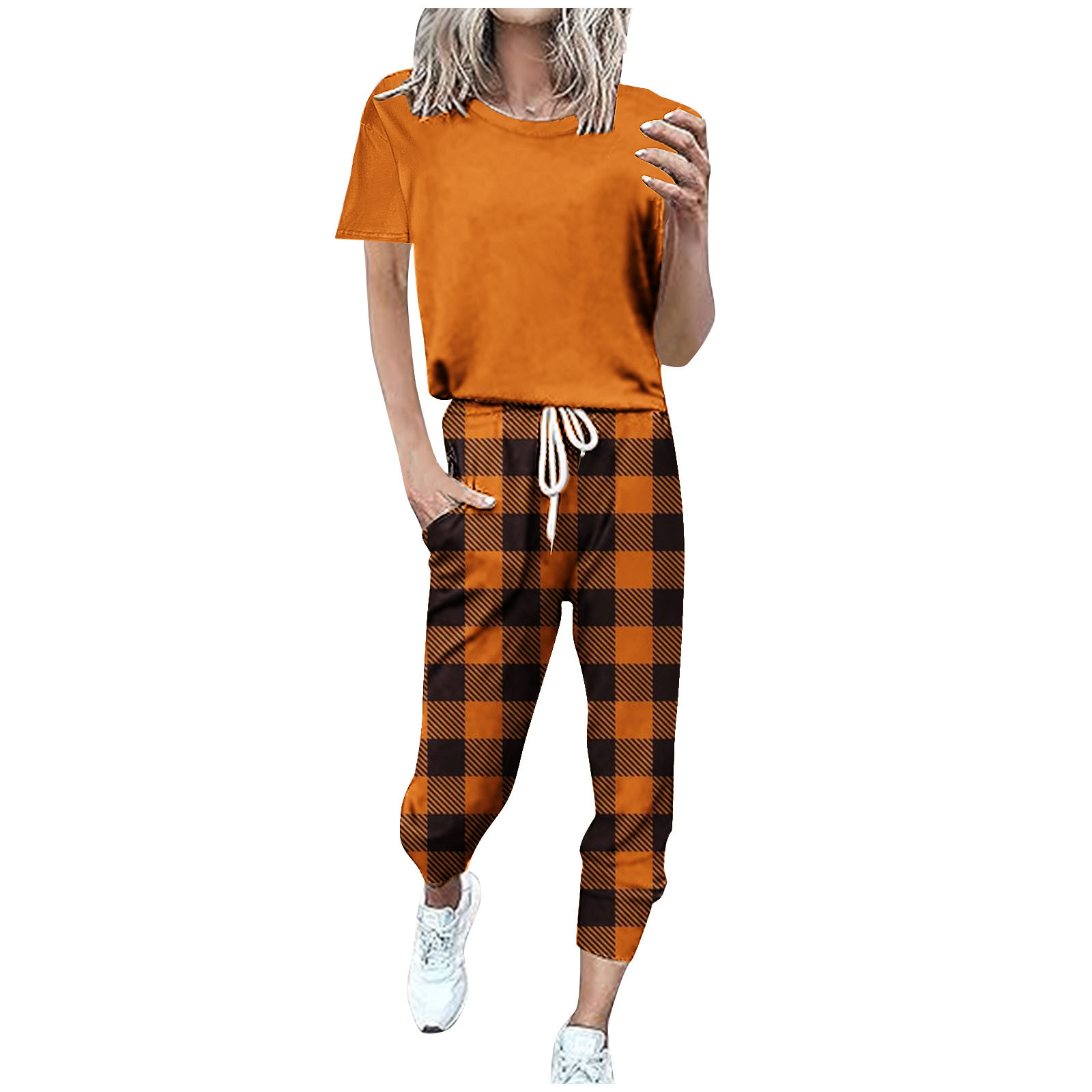safuny Women's 2 Piece Sets Tracksuit Pajama Lounge Jogger Sets Plaid ...