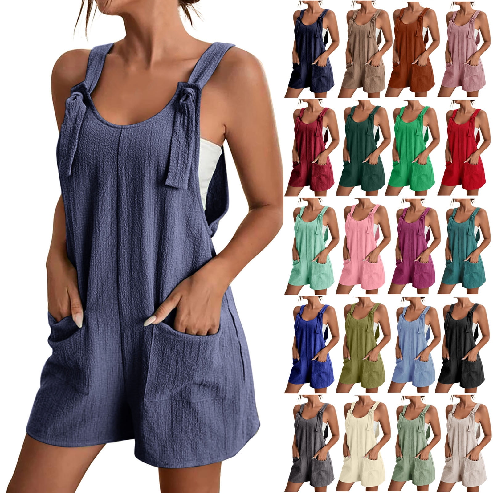 safuny Women's Cotton Short Jumpsuit Rompers Solid Leisure Bandage ...