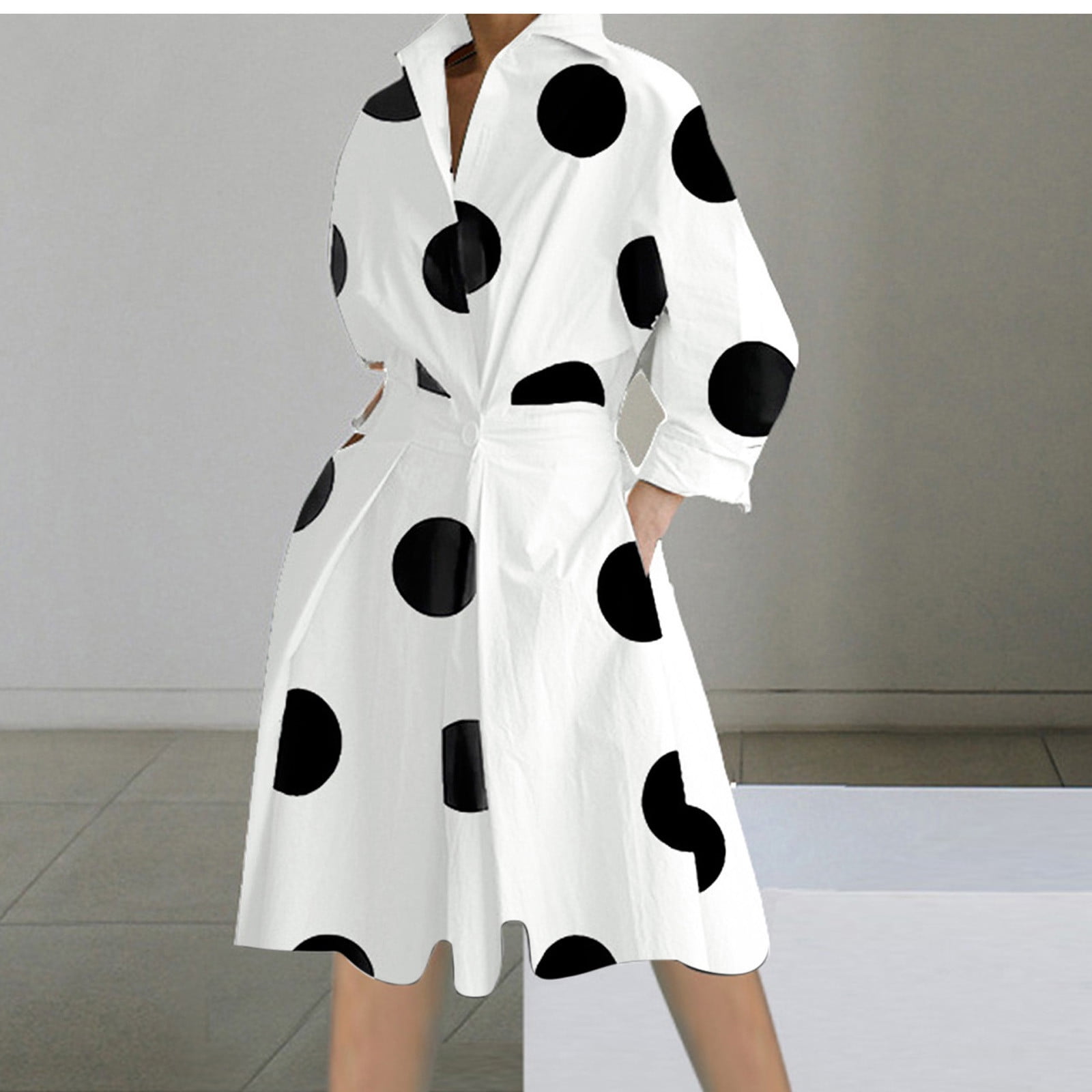 safuny Women's Knee Length A Line Shirt Dress Polka Floral Turn Down ...