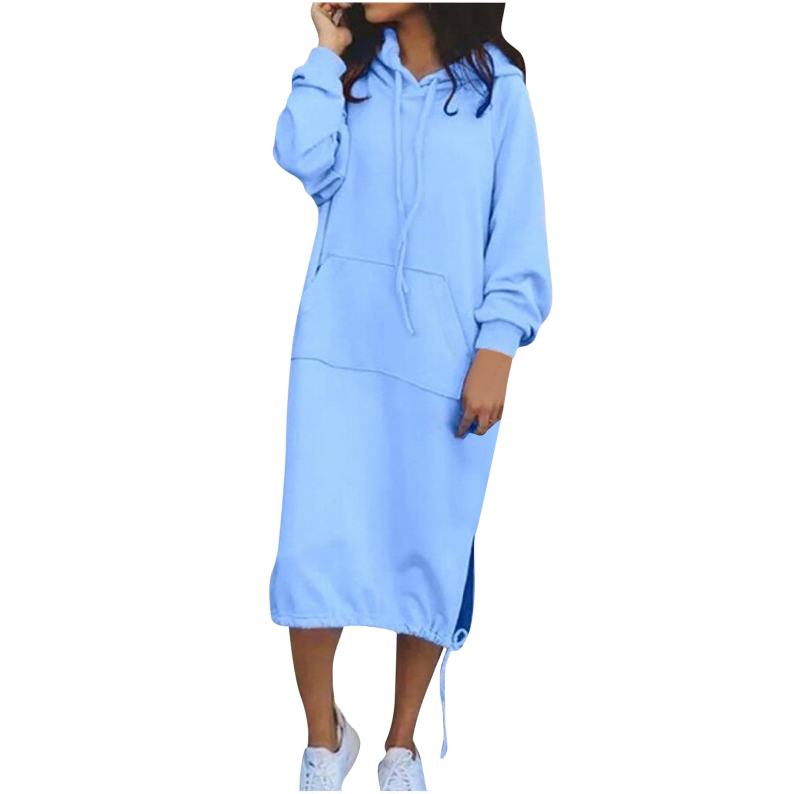 safuny Women's Knee Length Hoodie Dress Long Sweatshirt Pullover Pocket ...