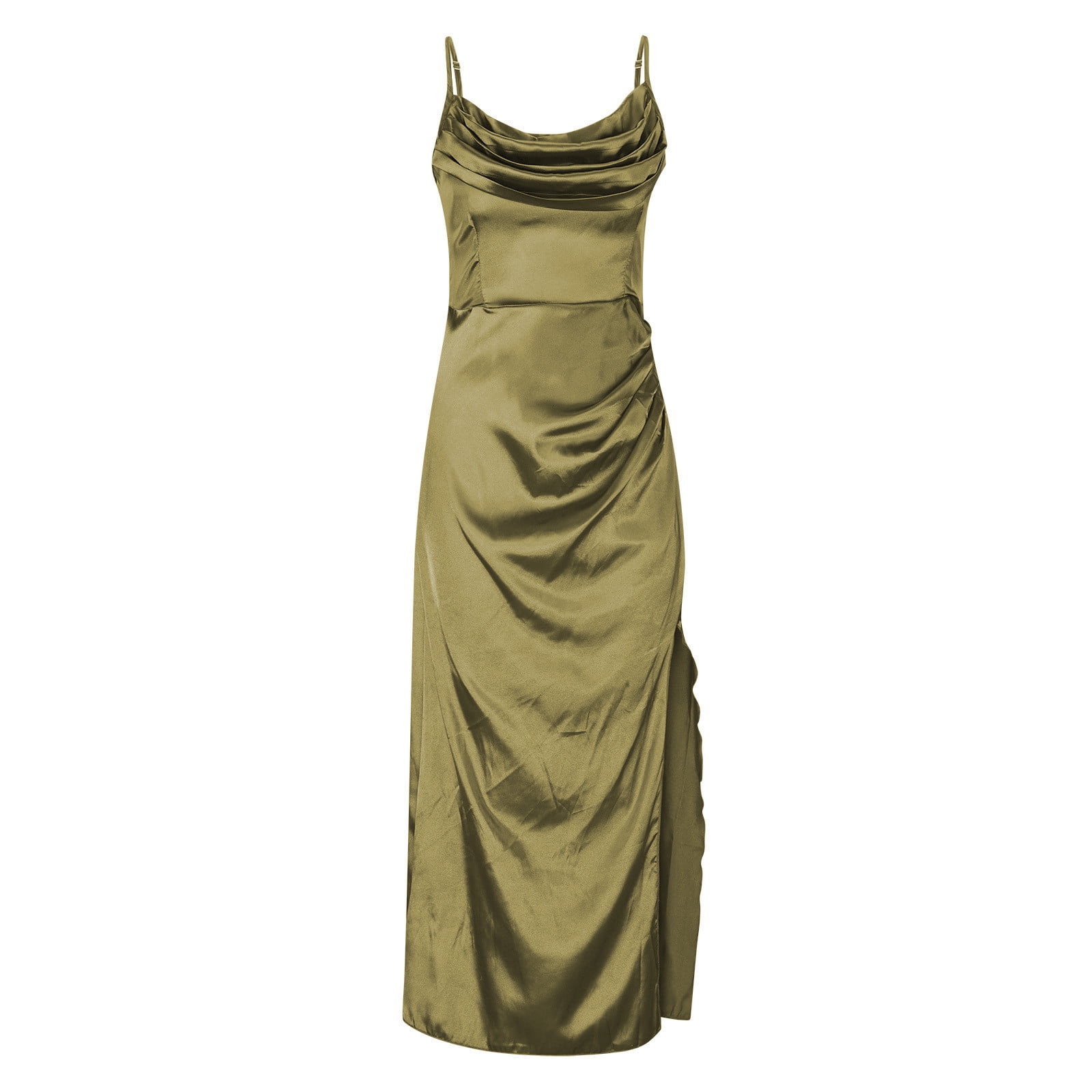 safuny Women's Maxi Side Split Dress Solid Color Pleated Scoop Neck ...