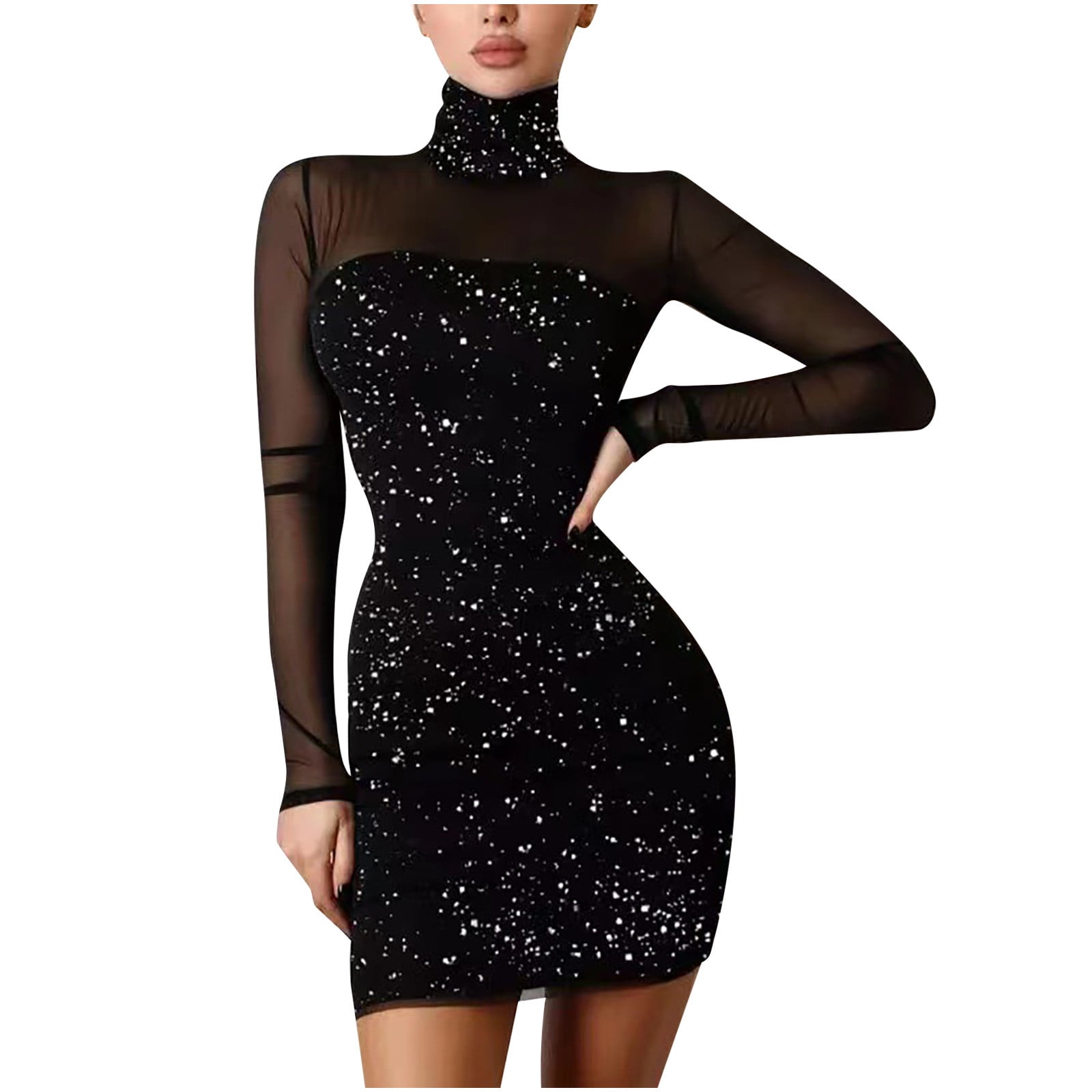 safuny Women's Mini Bodycon Party Beauty Dress Solid Shiny Lace Sequin ...