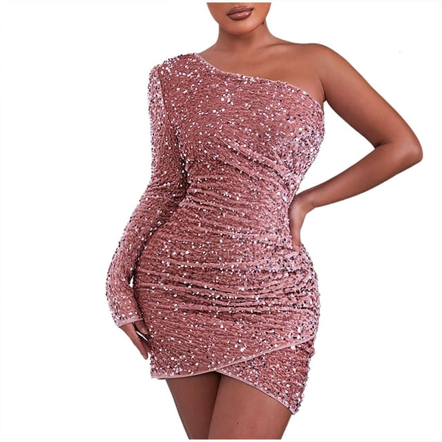 safuny Women's Mini Bodycon Party Beauty Dress Solid Shiny Lace Sequin ...