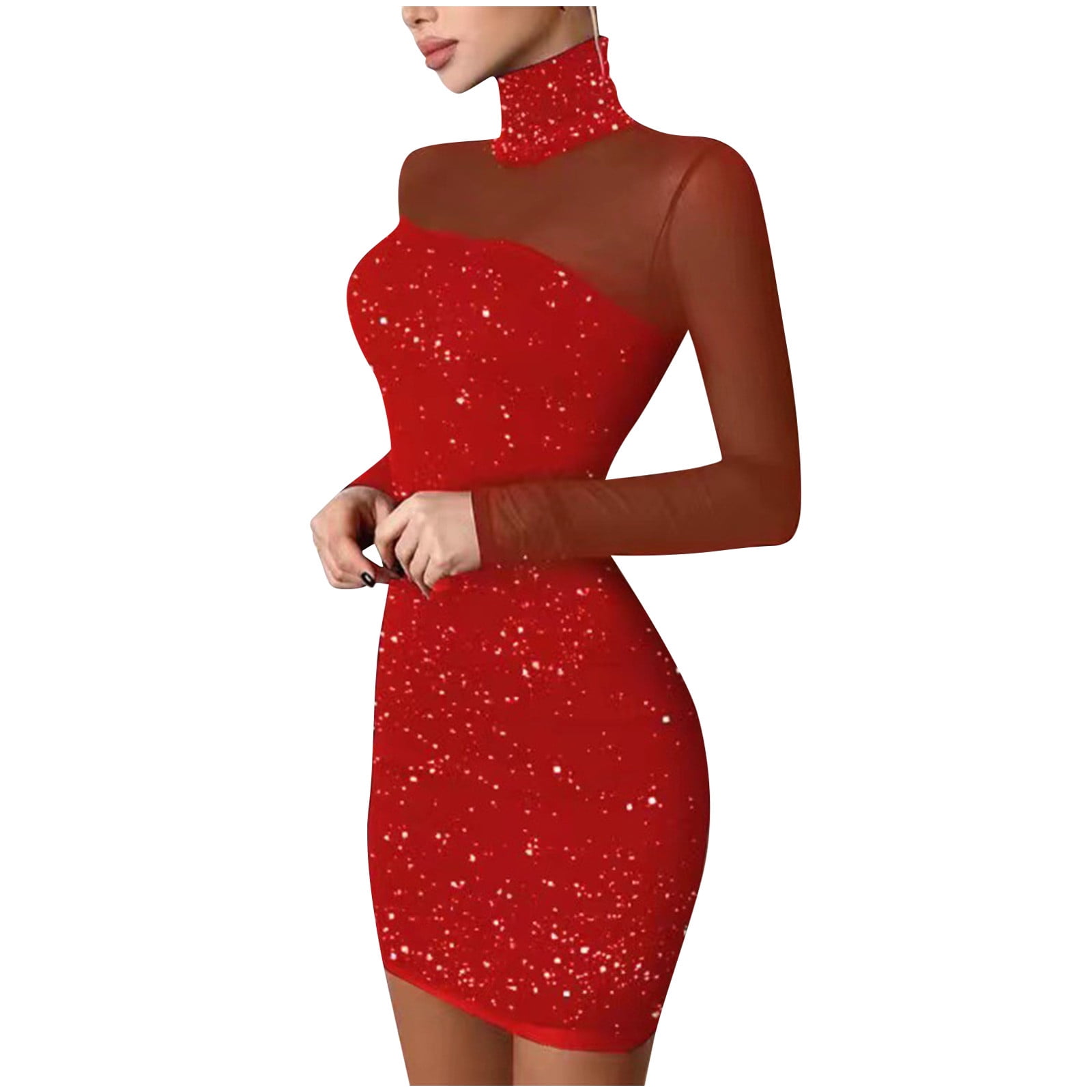 safuny Women's Mini Bodycon Party Beauty Dress Solid Shiny Lace Sequin ...