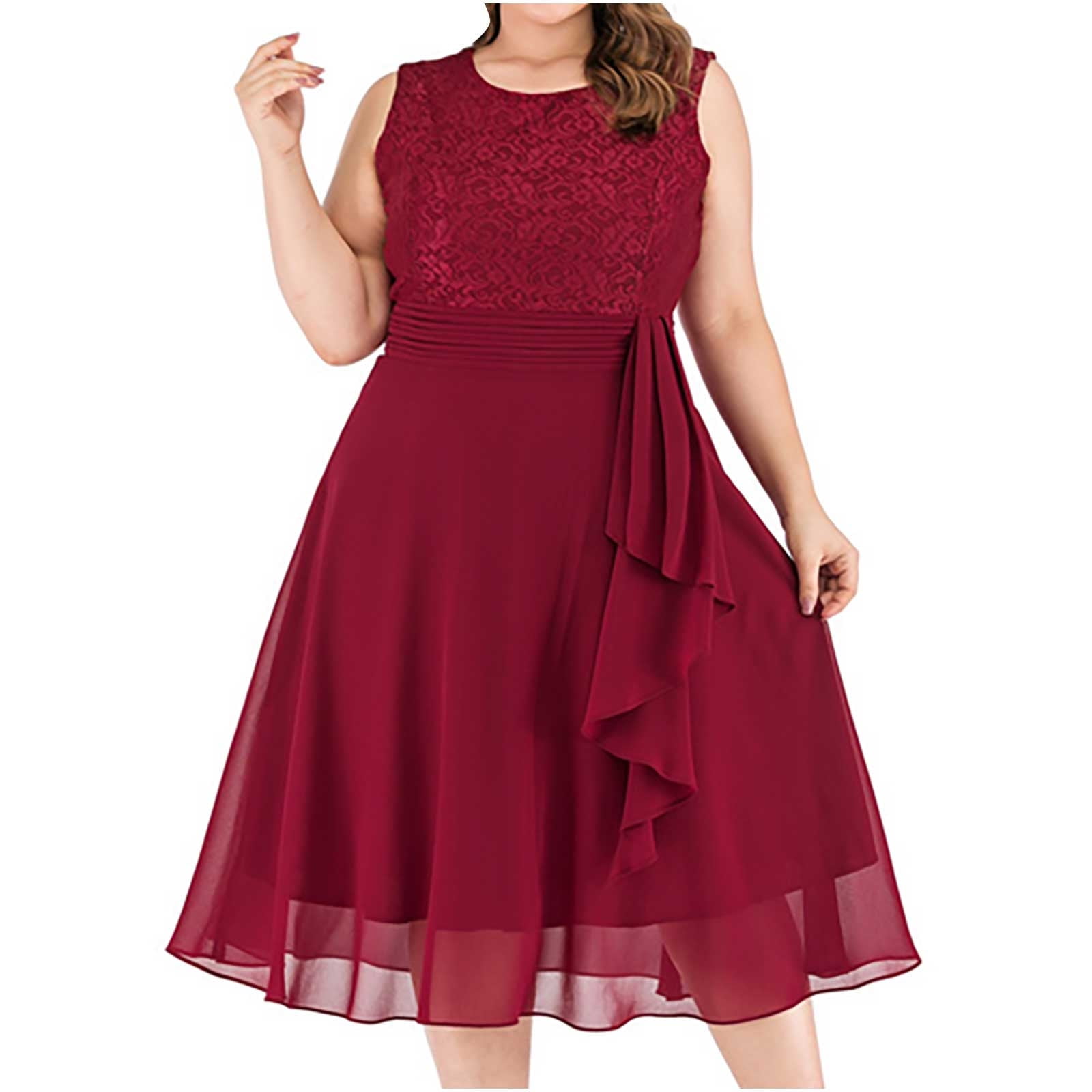 Safuny Womens Plus Size Tea Length Evening Dress Solid Color Autumn