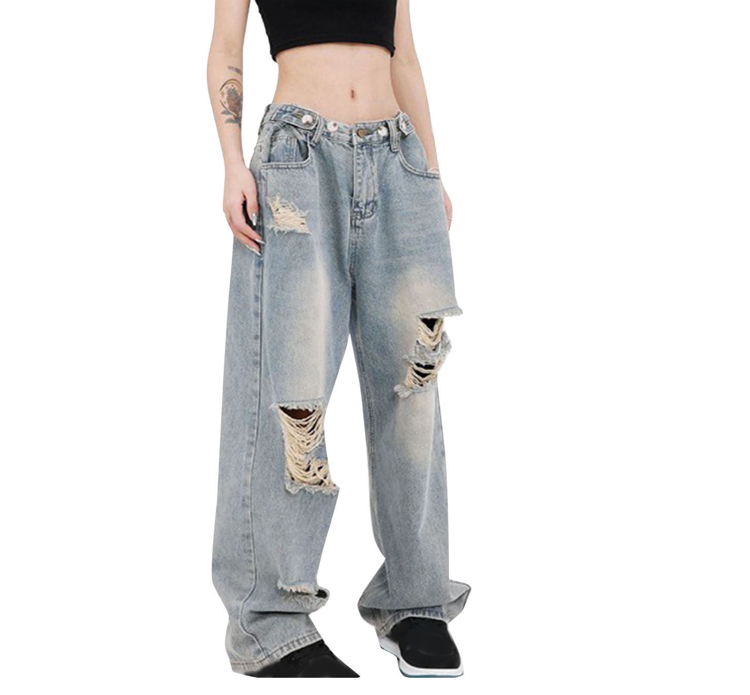 safuny Women's Straight Fashion Ripped Jean with Pocket Solid Color ...