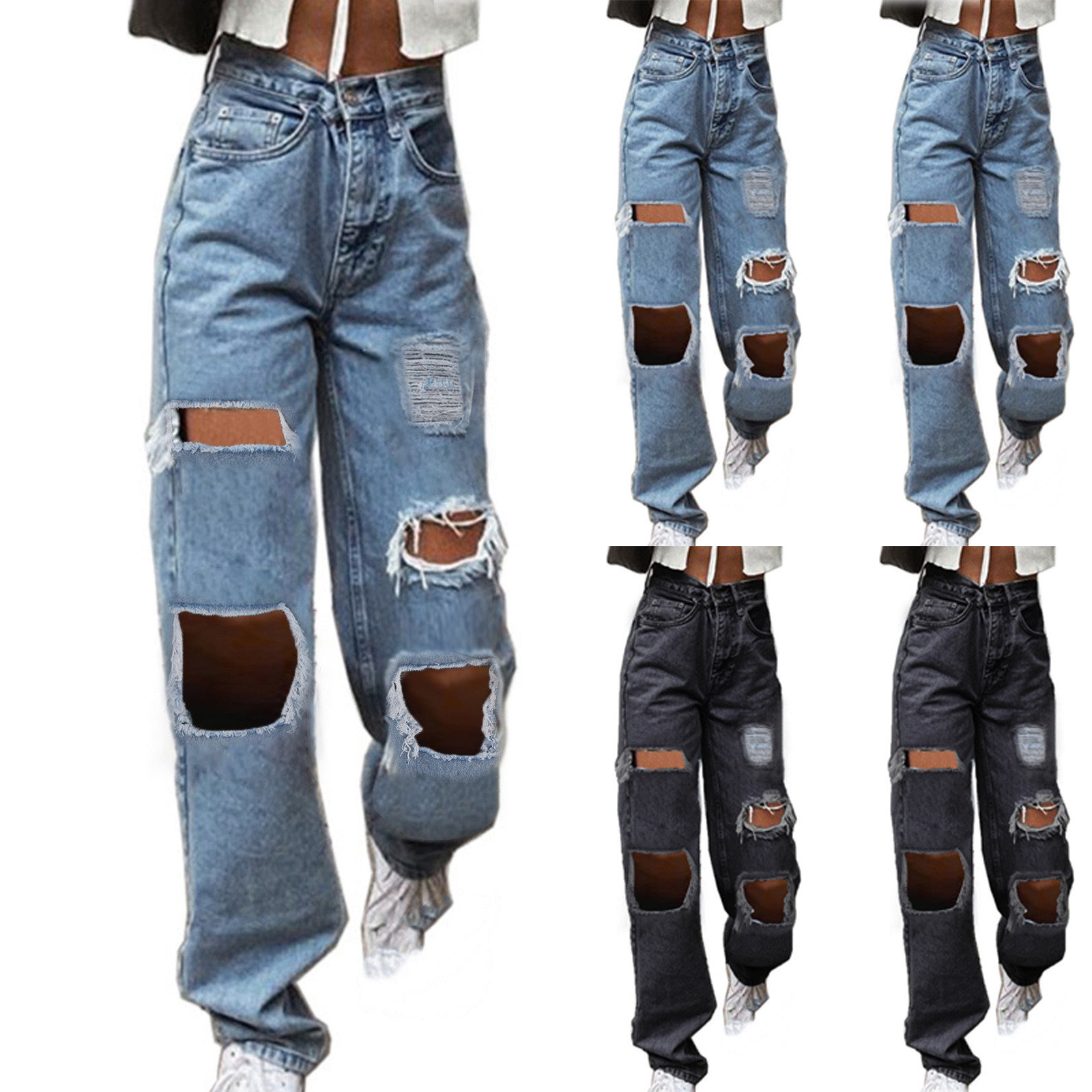 safuny Women's Straight Fashion Ripped Jeans with Pocket Solid Color ...