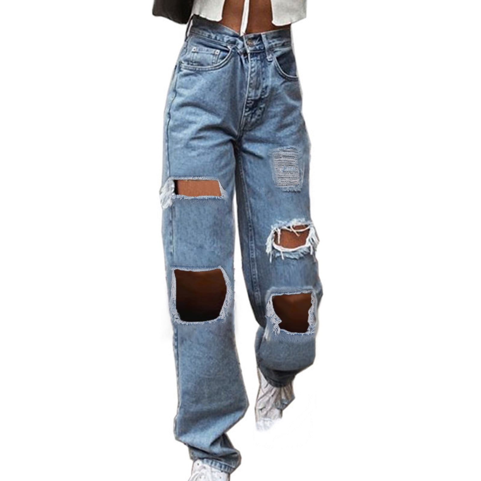 safuny Women's Straight Fashion Ripped Jeans with Pocket Solid Color ...