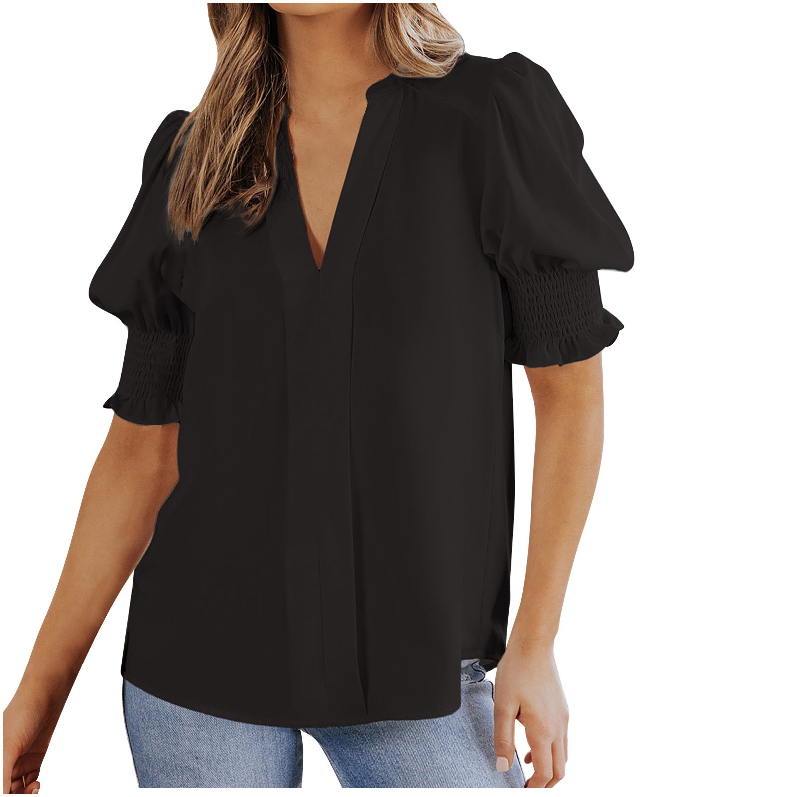 safuny Women's Trendy Basic Tops Clearance Solid Tops Puff Sleeve Tees ...