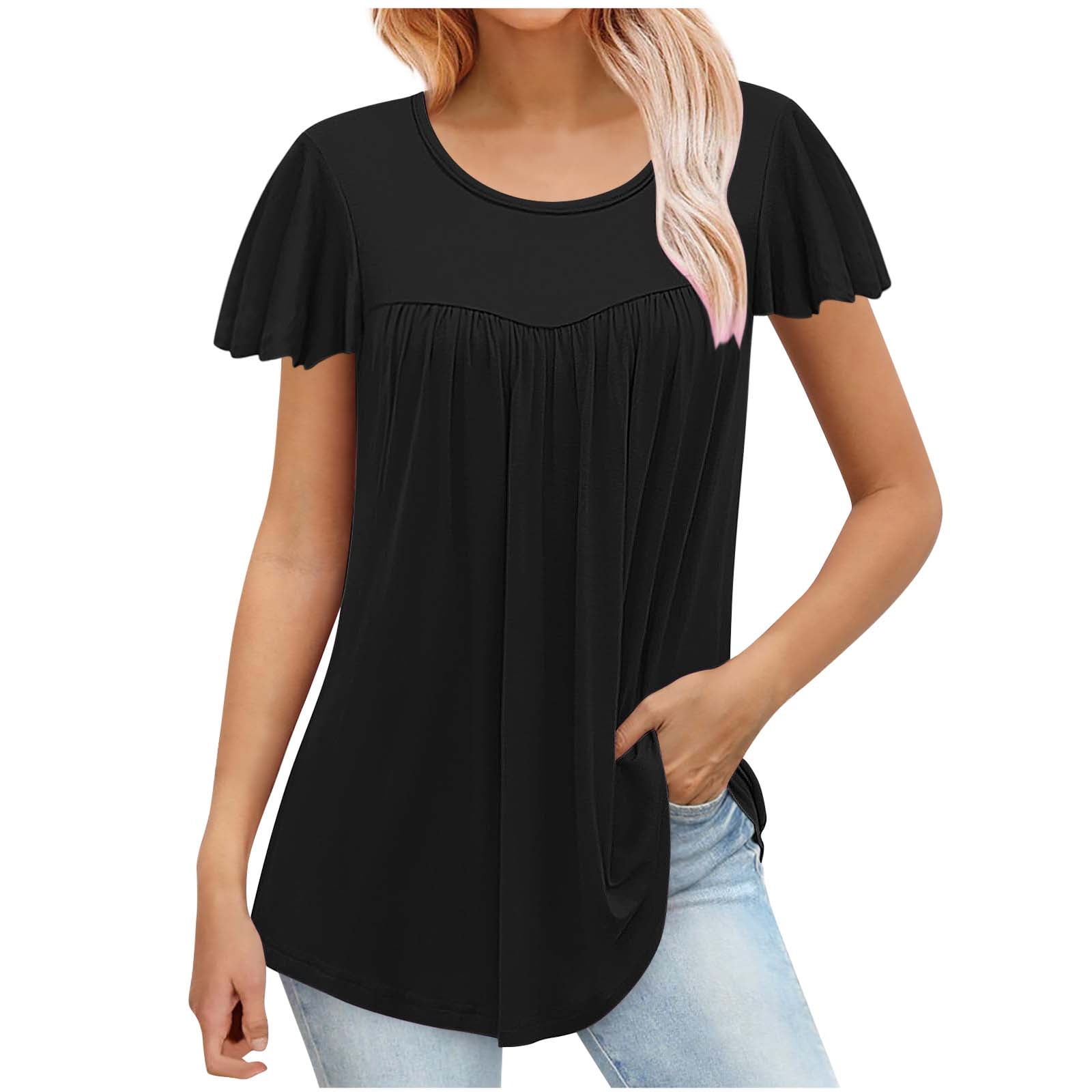 safuny Women's Trendy Loose Tops Solid Tops Ruffle Sleeve Tees Square ...