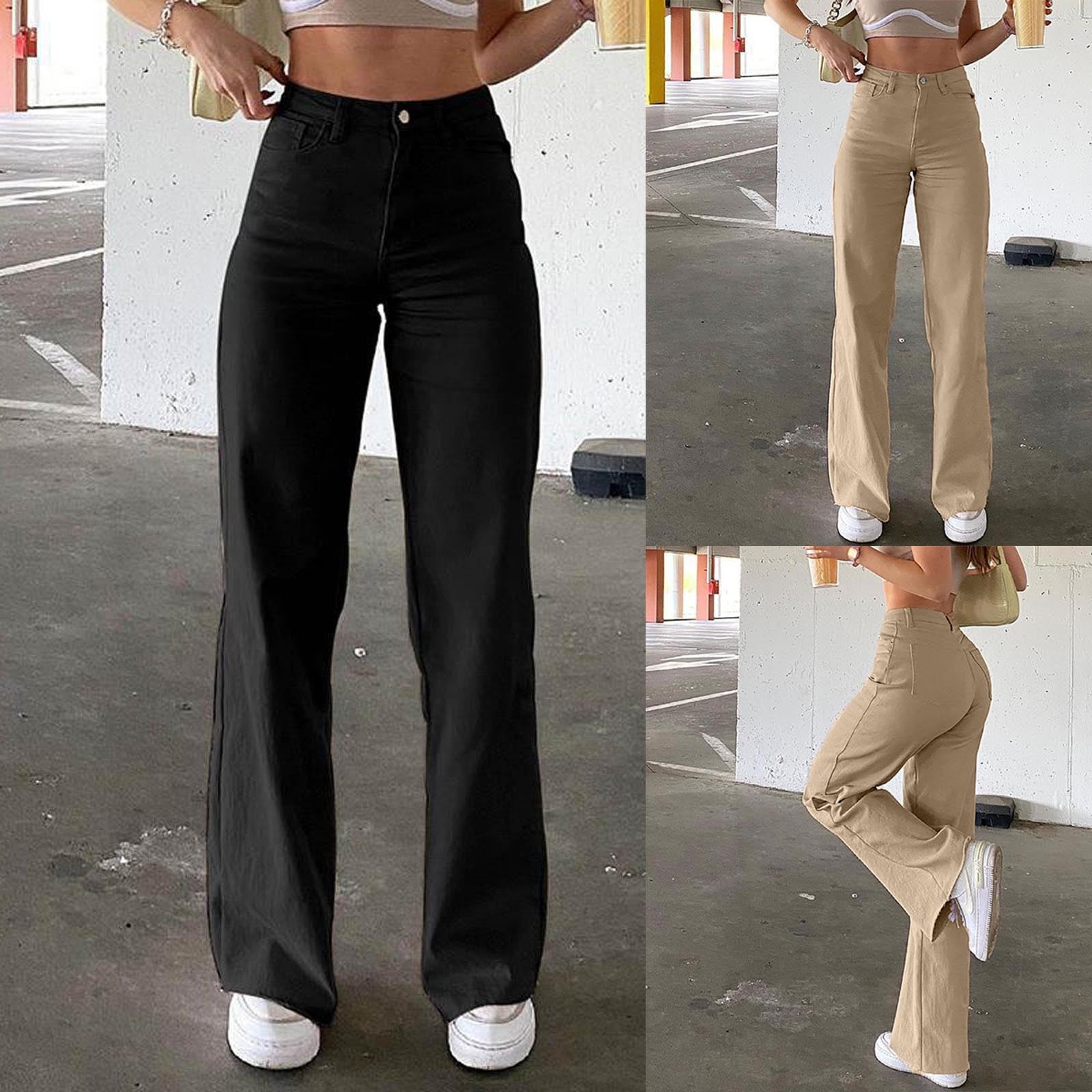safuny Women's Wide Leg Denim Pants Fall High Waist Button Trendy Solid ...