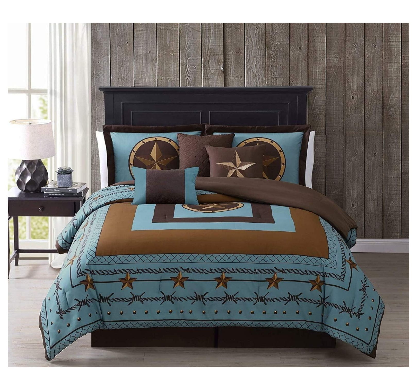 saneey Tulsa Queen Size Bedding Set, 7-Piece Turquoise Brown Western ...