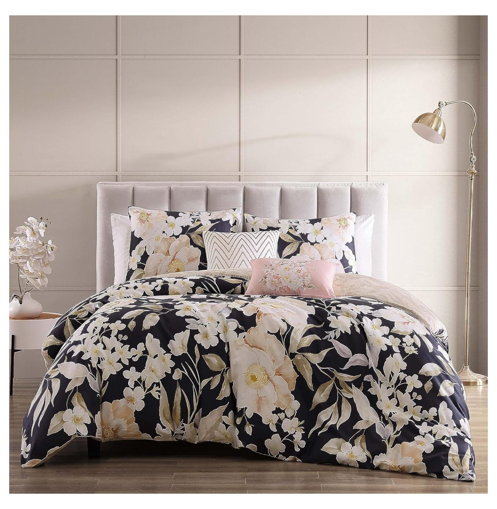 saney Blush Flowers 100% Cotton 5 Piece Comforter Set, Blush, Navy ...