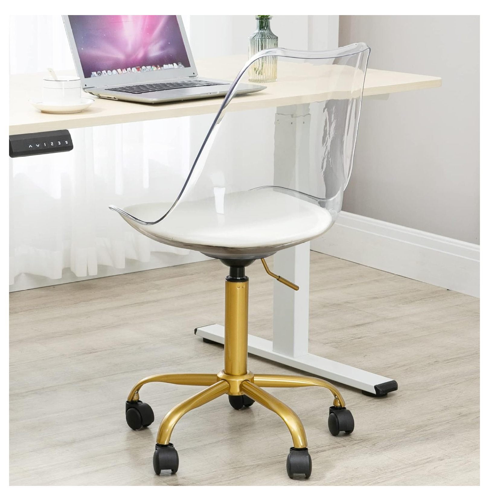 saney Clear Desk Chair with Cushion, Armless Rolling Chair with Golden ...