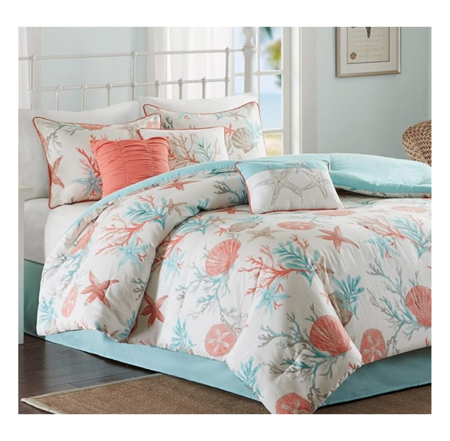 saney Coral & Teal Seashells, Starfish, Beach Queen Comforter Set (7 ...