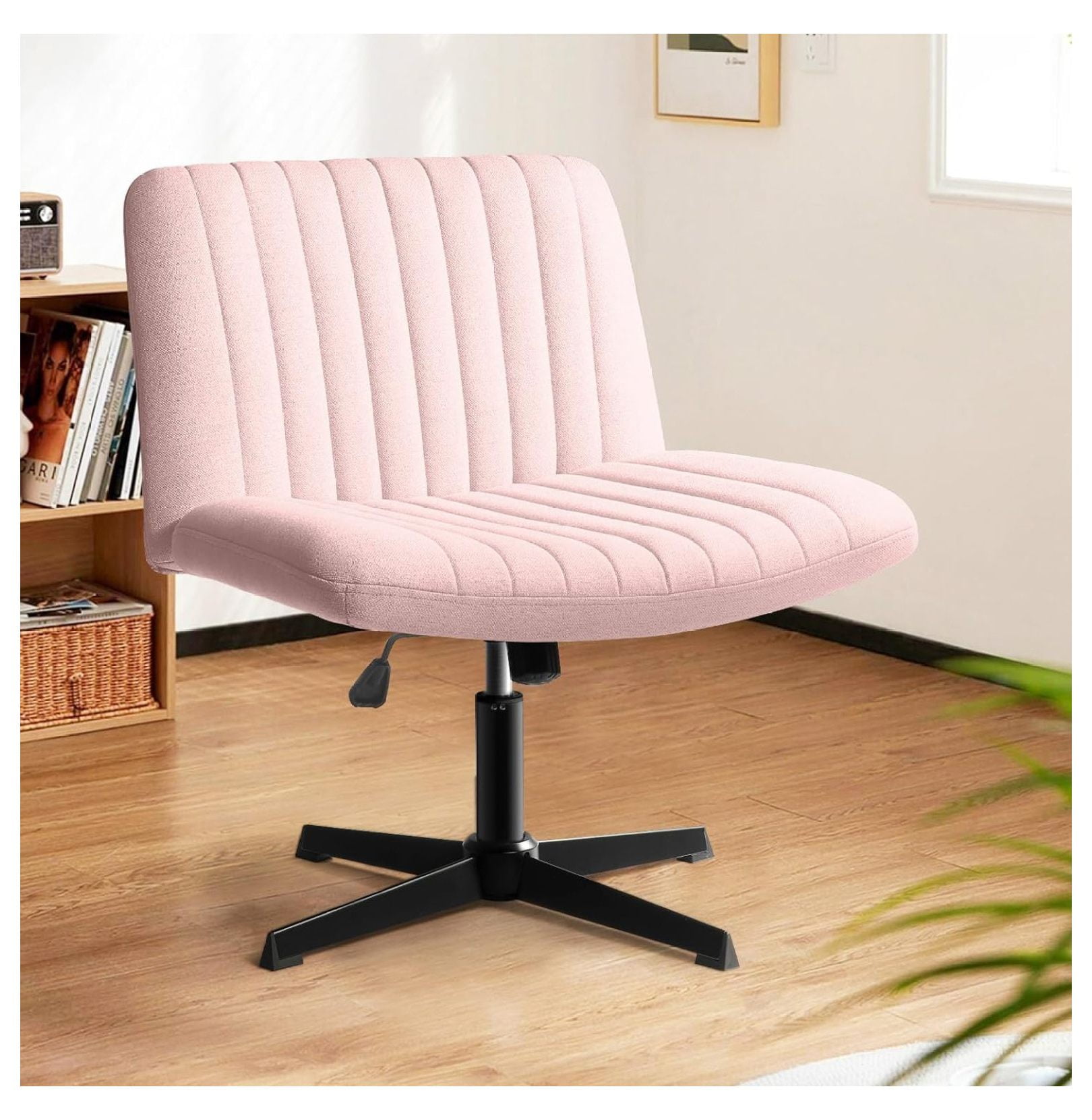 saney Fabric Padded Desk Chair No Wheels, Armless Wide Swivel Home ...