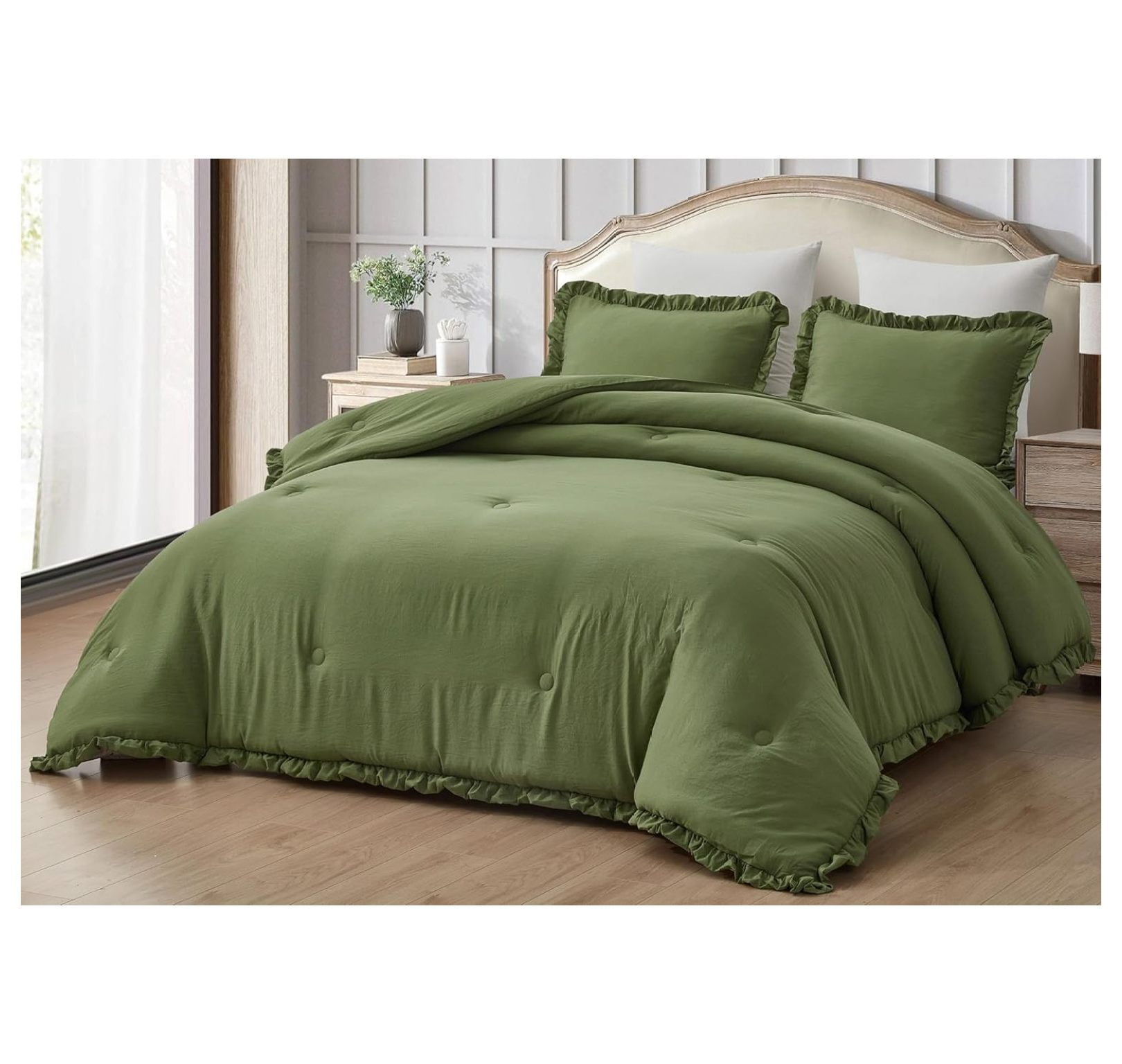 saney Nora Olive Green Comforter Set King Size 3-Piece Fluffy Soft ...