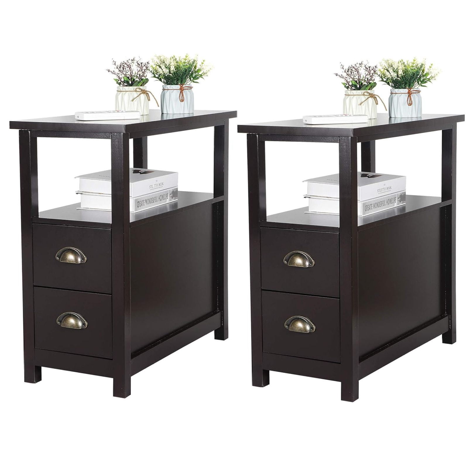 saney Side End Table with 2 Drawer and Shelf, Multifunctional Narrow ...