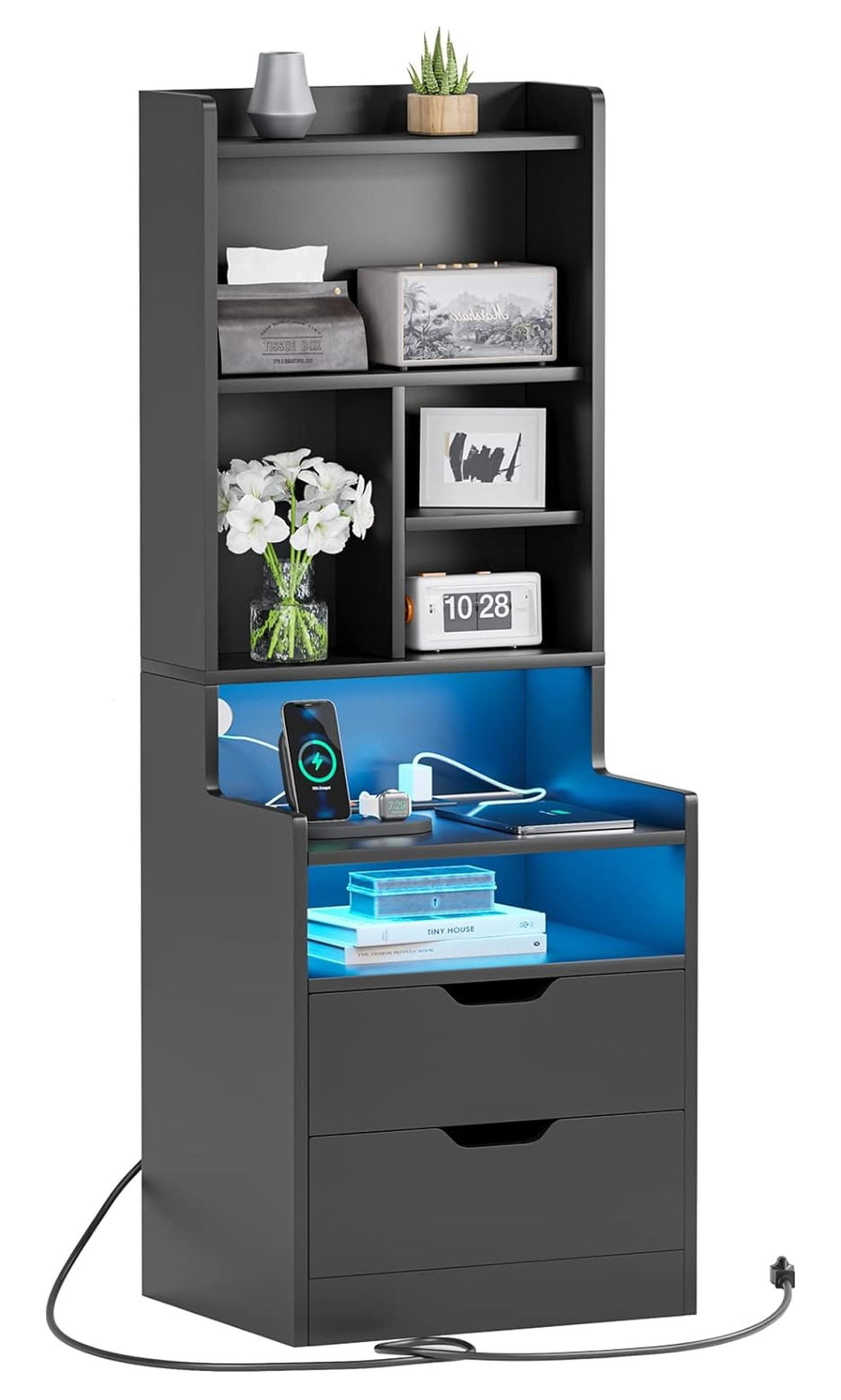 saney Tall Night Stand with Charging Station and LED Lights,Nightstand ...