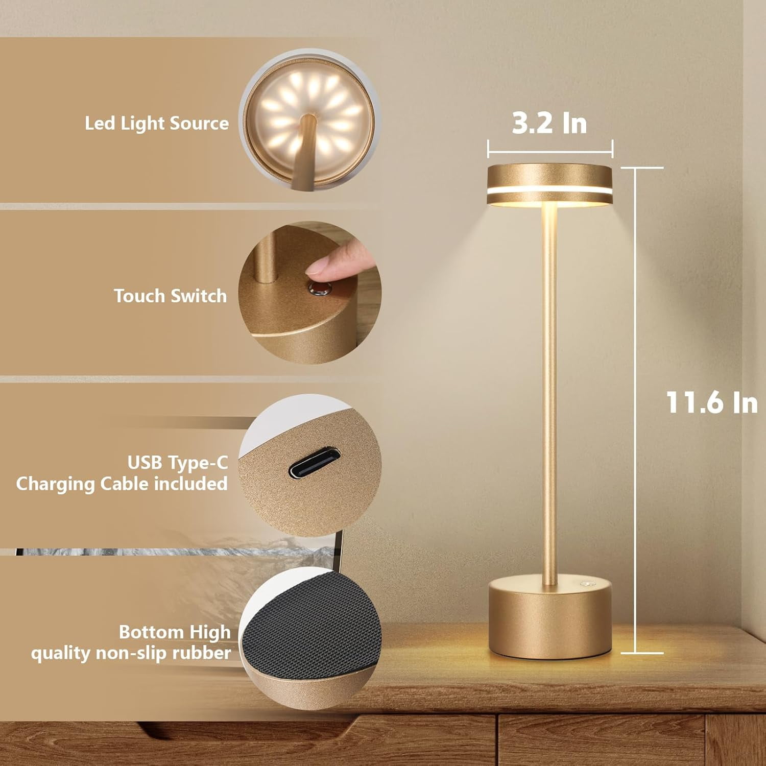 sasyxdc 2 Pack Cordless Table Lamp Bedside Table Lamp for Bedroom ...