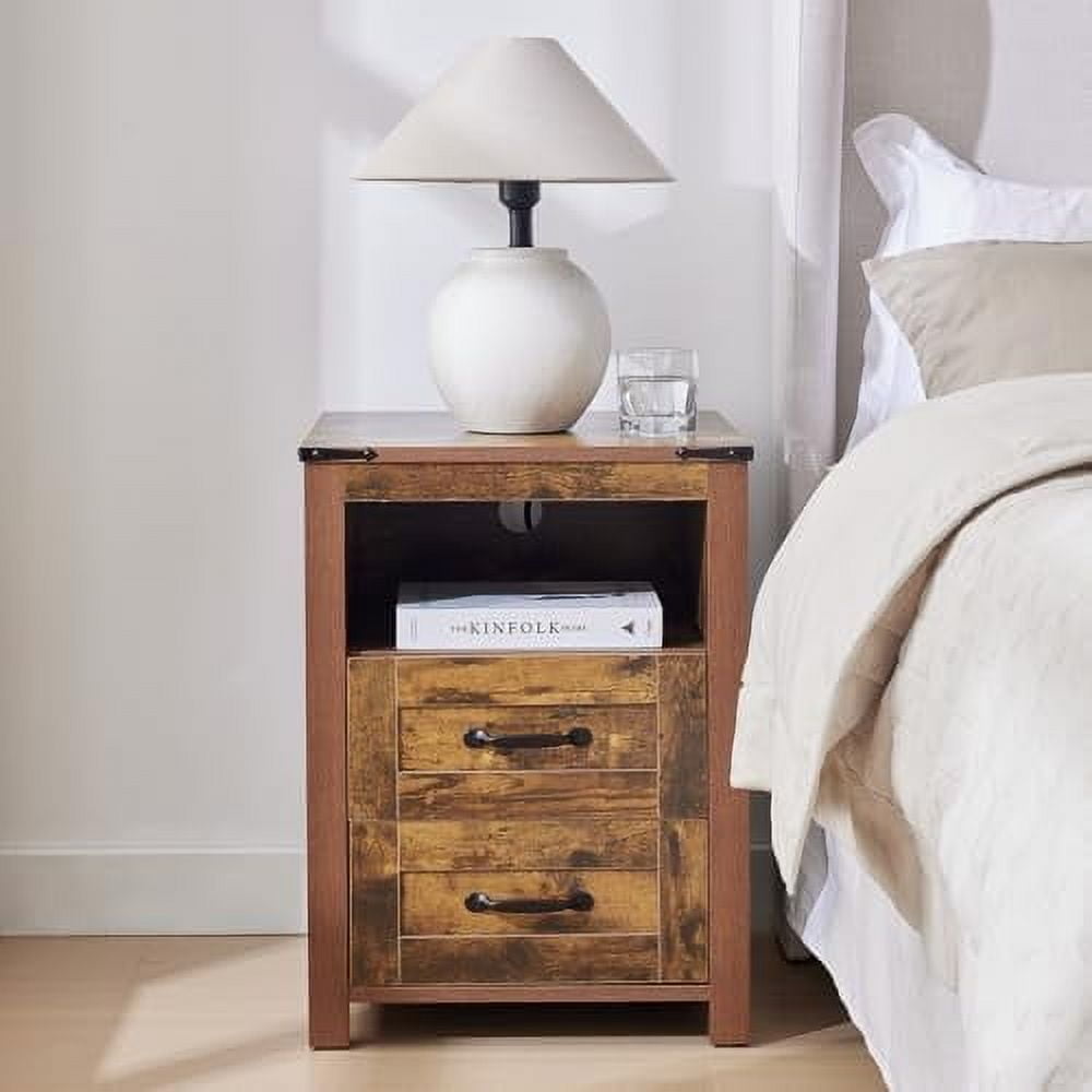 sasyxdc 24'' Wide End Table Rustic nightstand with 2 Drawers Farmhouse Side Table with Charging ...