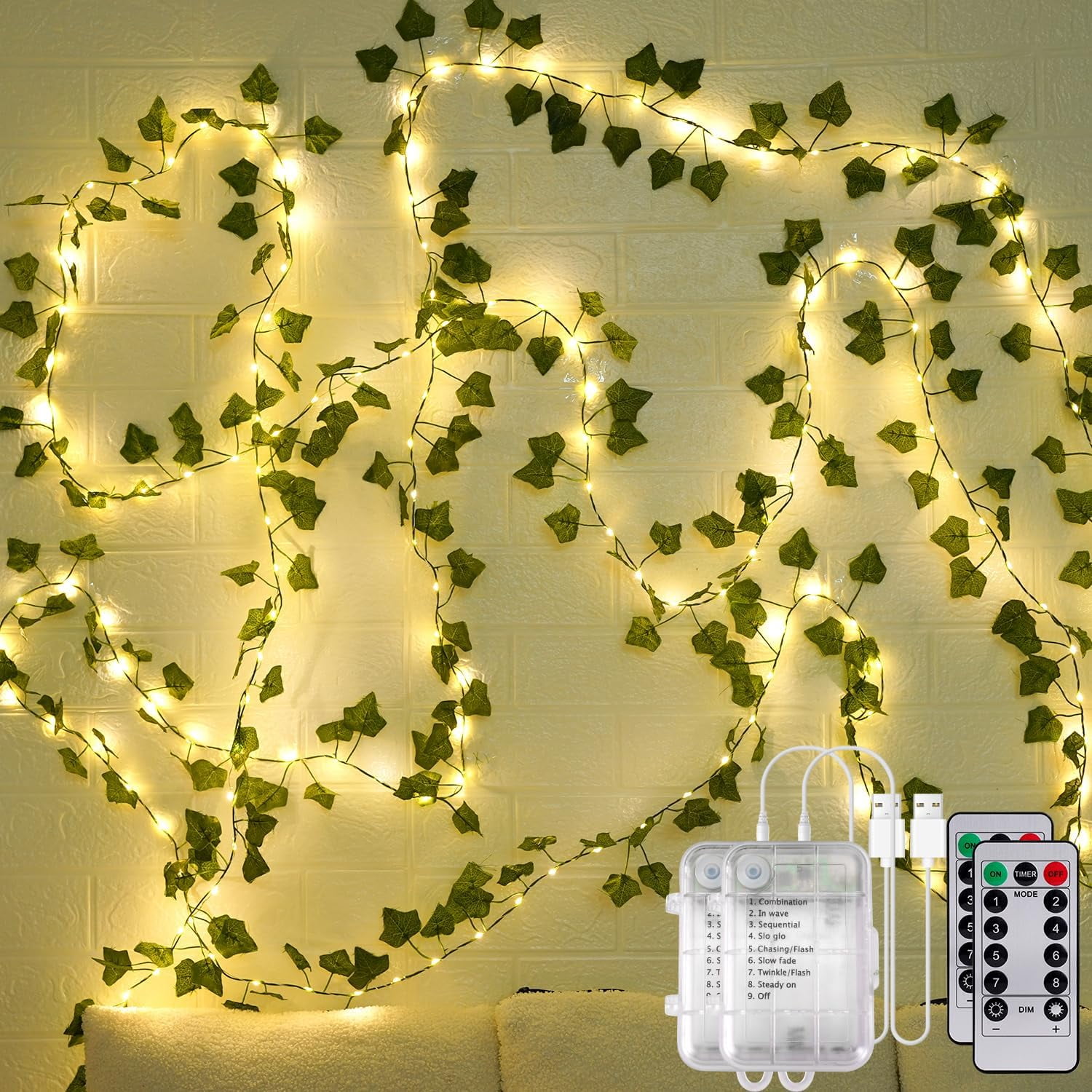 sasyxdc 40FT 120LED Vine Fairy Lights Battery Operated 8 Modes & Timer ...