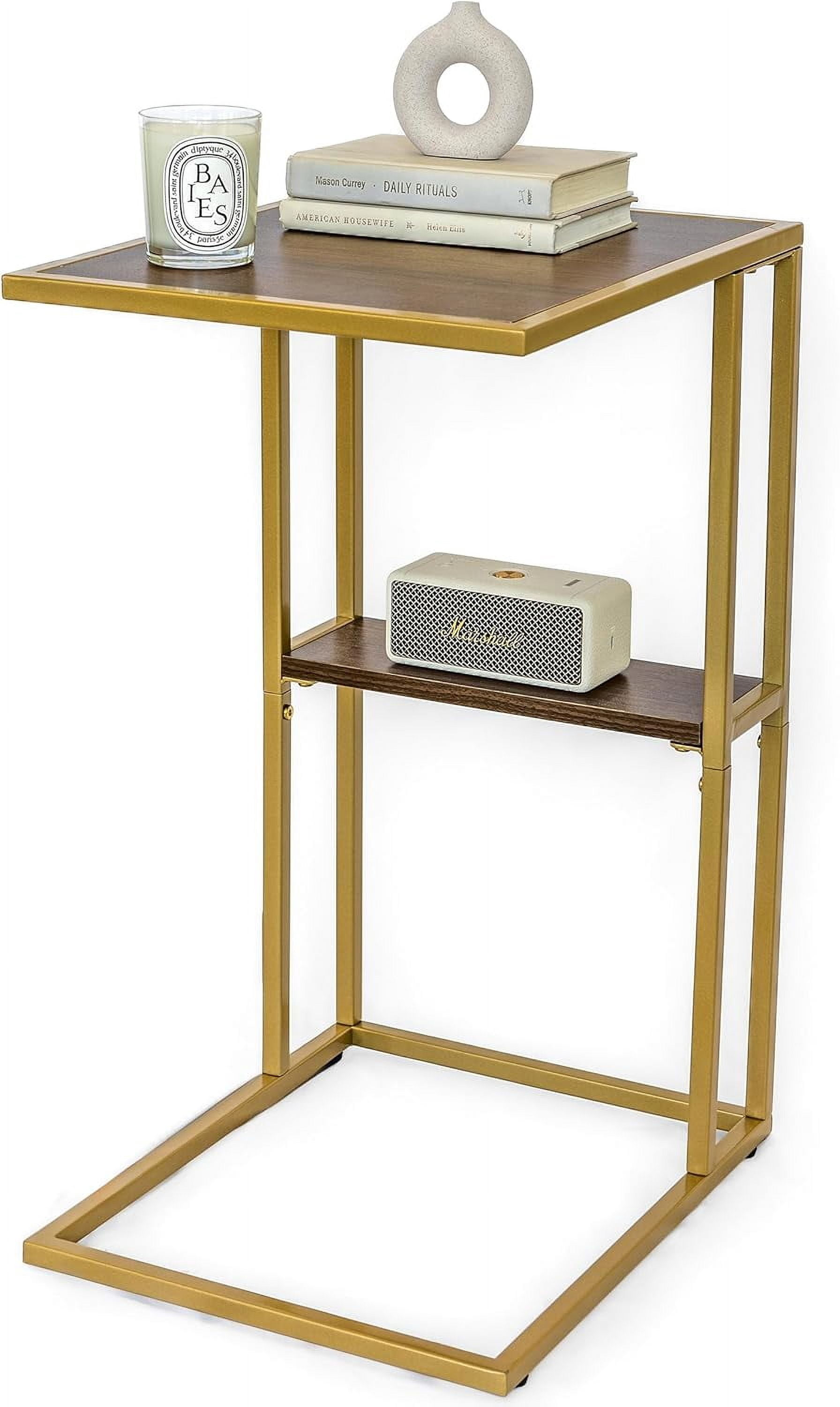 sasyxdc C Shape Gold Side Table with Wooden Surface - Gold Accent C ...