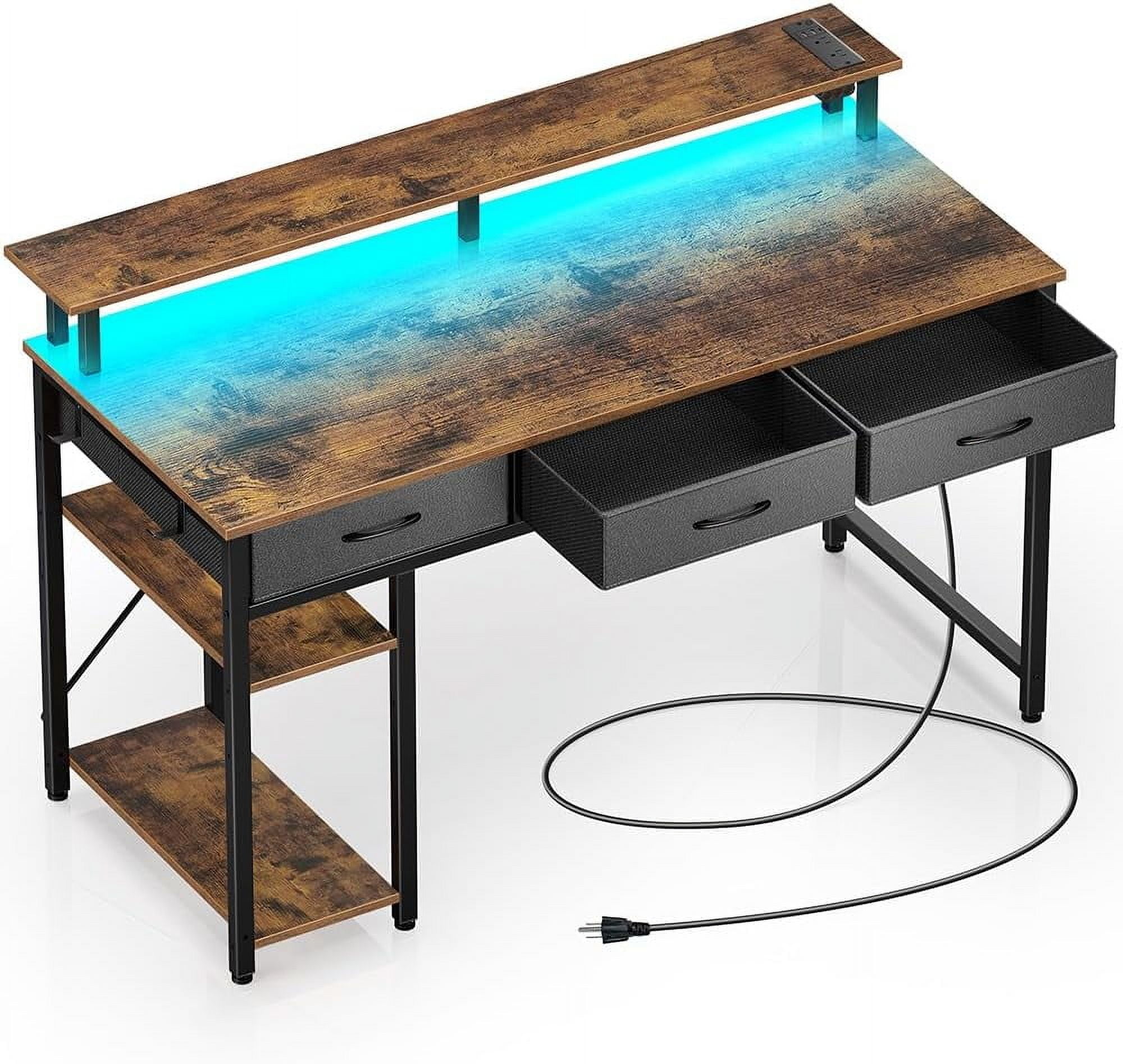 sasyxdc Computer with Power Outlets & LED Light 47 inch with 3 Drawers ...