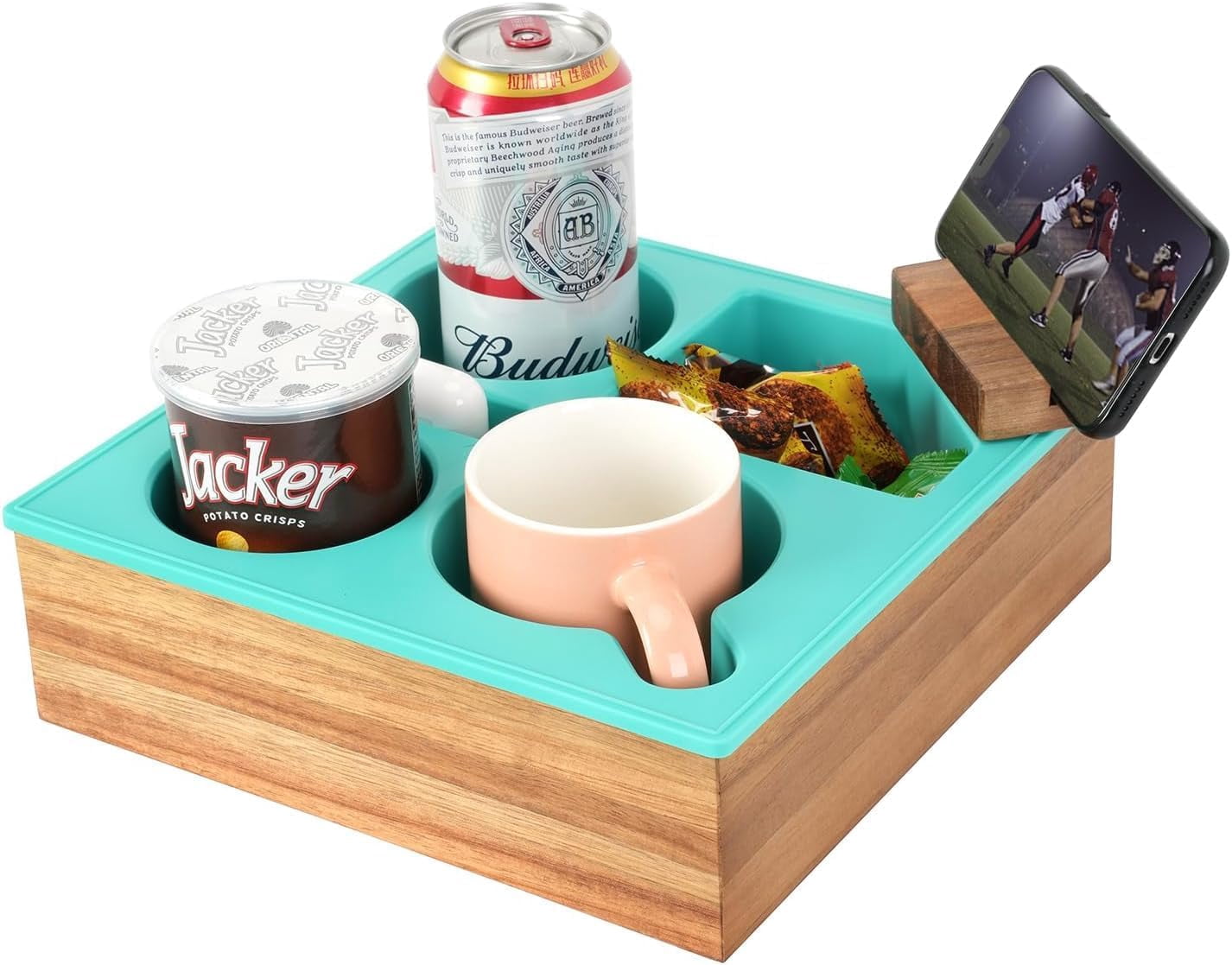 Hltser Couch Cup Holder Tray Handy Soft Silicone Acacia Wooden Couch ...