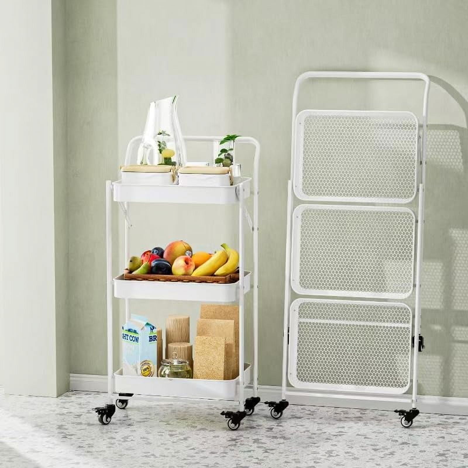 Hltsor Foldable Rolling Cart 3-Tier Metal Folding Storage Utility Carts ...