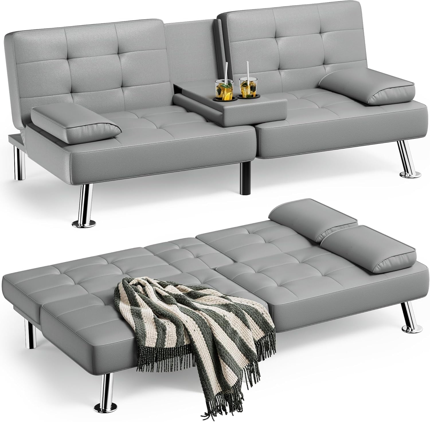 Futon Sofa Bed Leather Futon Couch with Removable Armrests Adjustable ...