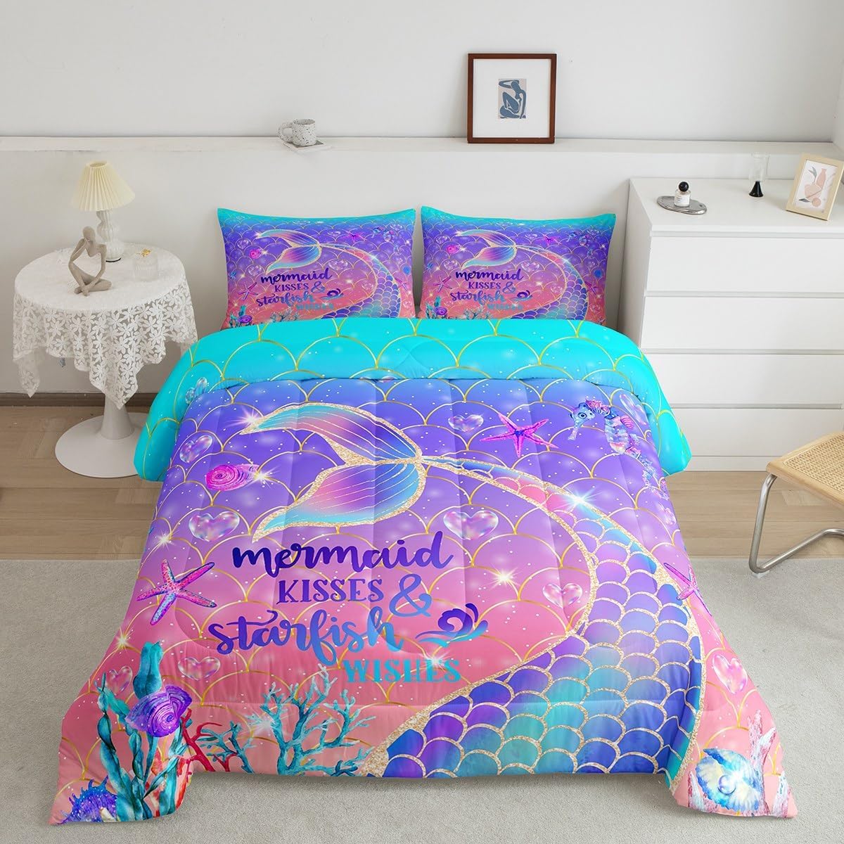 sasyxdc Girls Comforter Set King Size Kawaii Mermaid Tail Bedding Set ...
