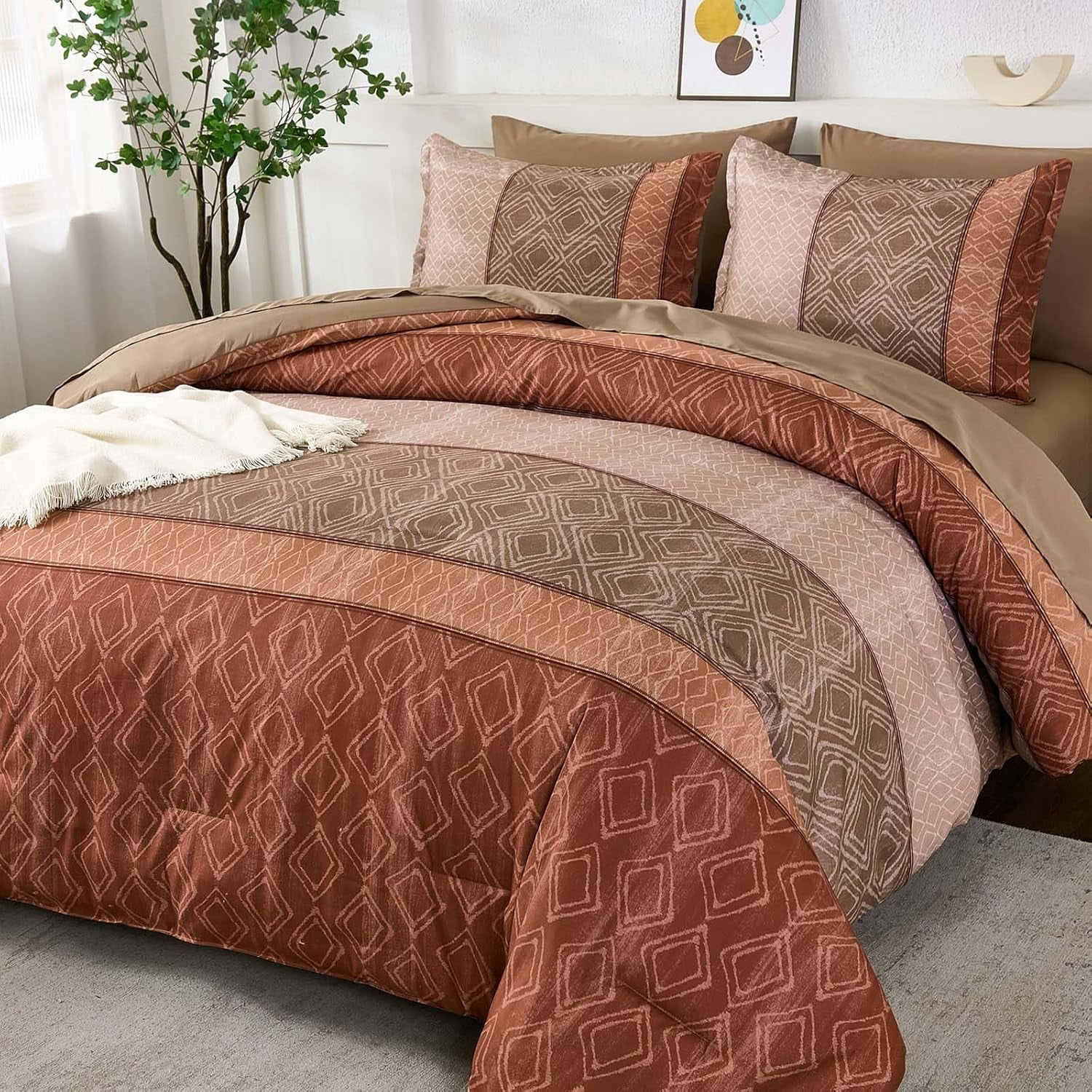 sasyxdc Khaki King Size Comforter Set Striped Bed in a Bag King Boho 7 ...