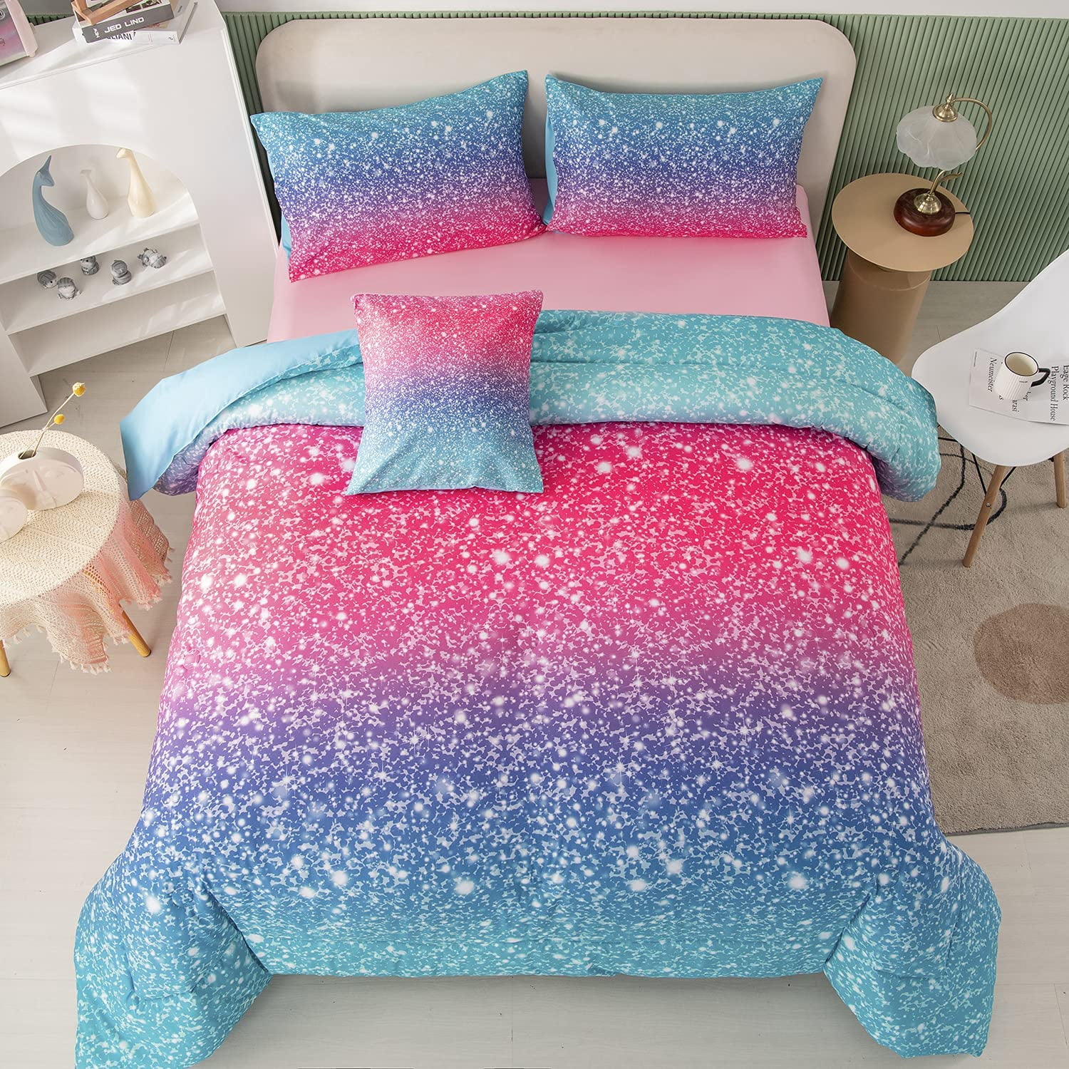 sasyxdc Pink Green Girls Twin Comforter Set 6 Pieces Colorful Rainbow ...