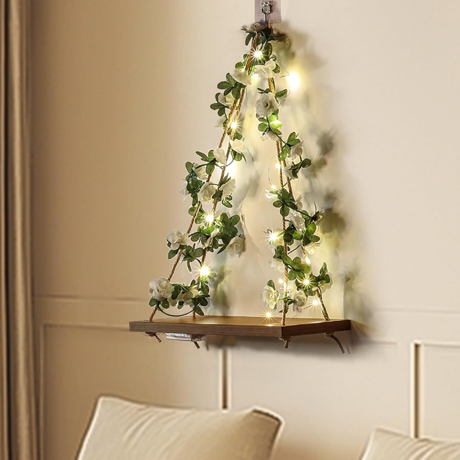 sasyxdc Plant Hanging Floating Shelves with Light Strip Wooden Shelves ...