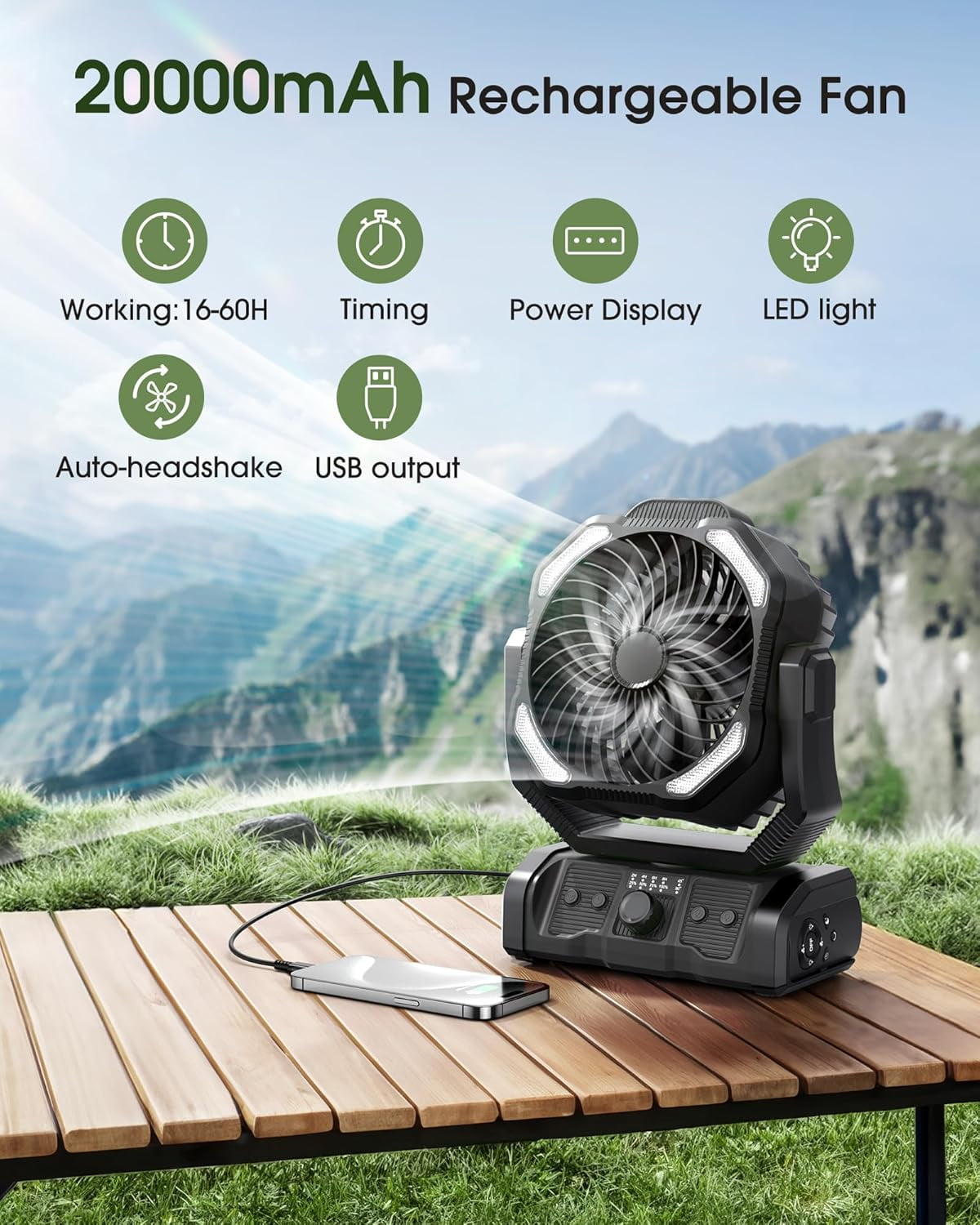 sasyxdc Portable Rechargeable Camping Fan - 20000mAh Cordless Battery ...