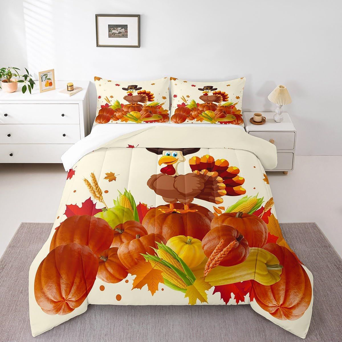 sasyxdc Pumpkin Comforter Set Watercolor Pumpkin Floral Bedding Set for ...