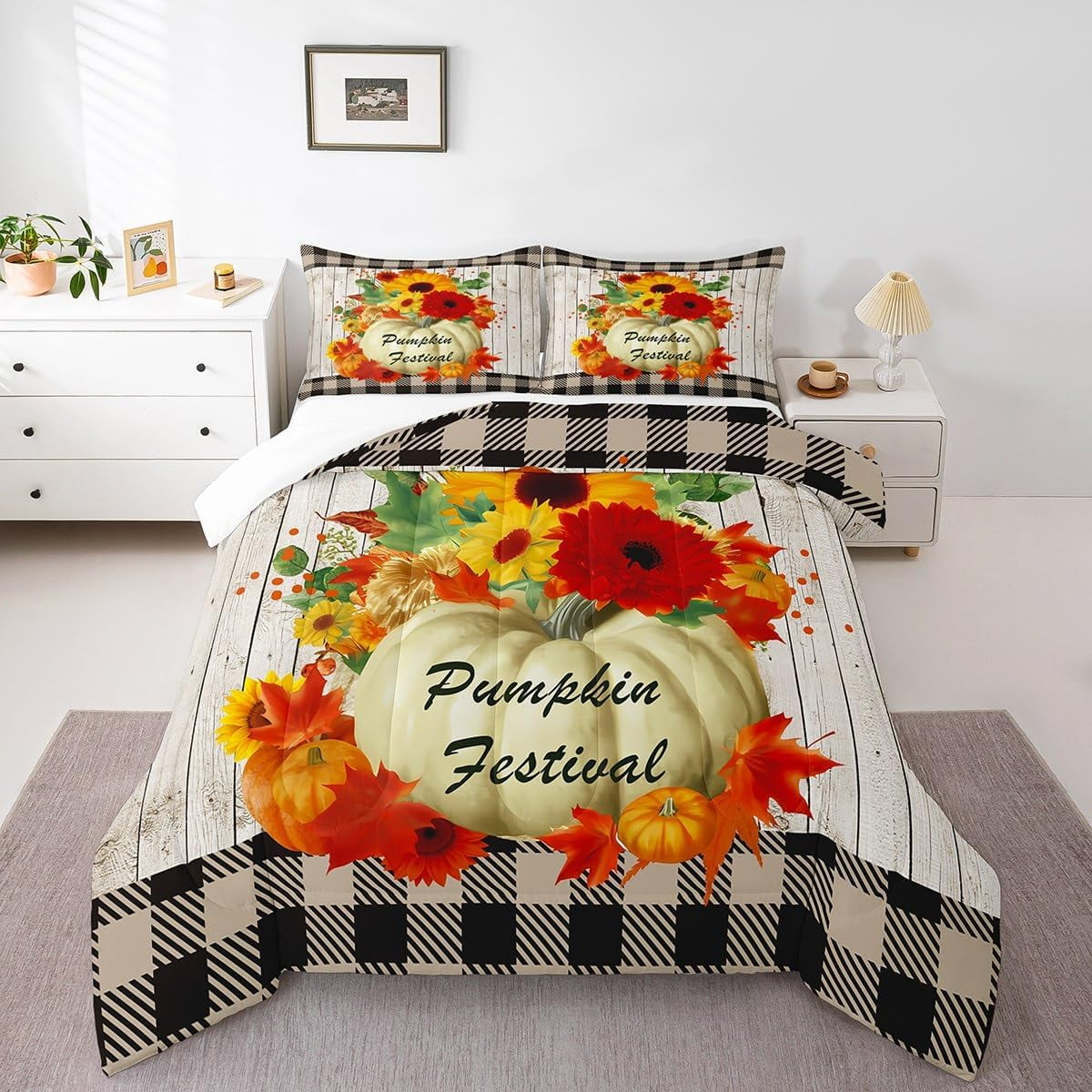 sasyxdc Pumpkin Comforter Set Watercolor Pumpkin Floral Bedding Set for ...