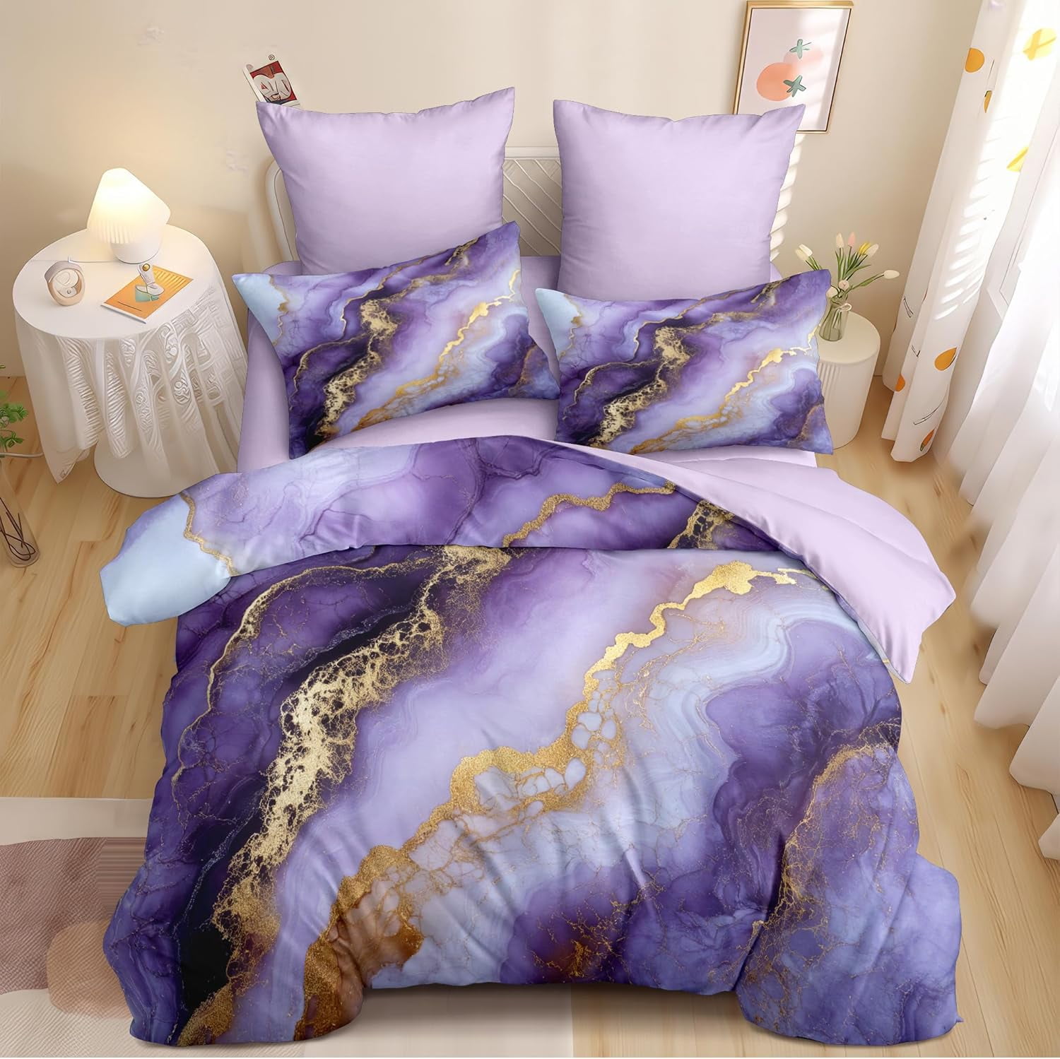 sasyxdc Purple Marble Comforter Set King Size Metallic Gold Marble ...
