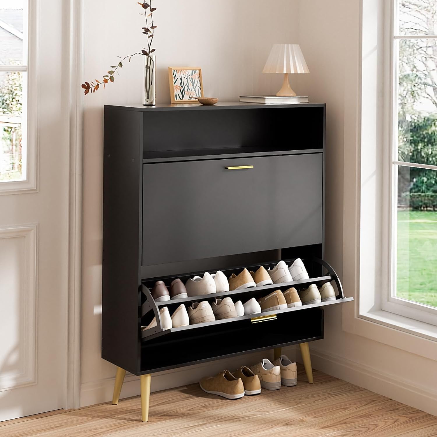 SASYXDC Shoe Cabinet Free Standing Tipping Bucket Shoe Organizer with 2 ...