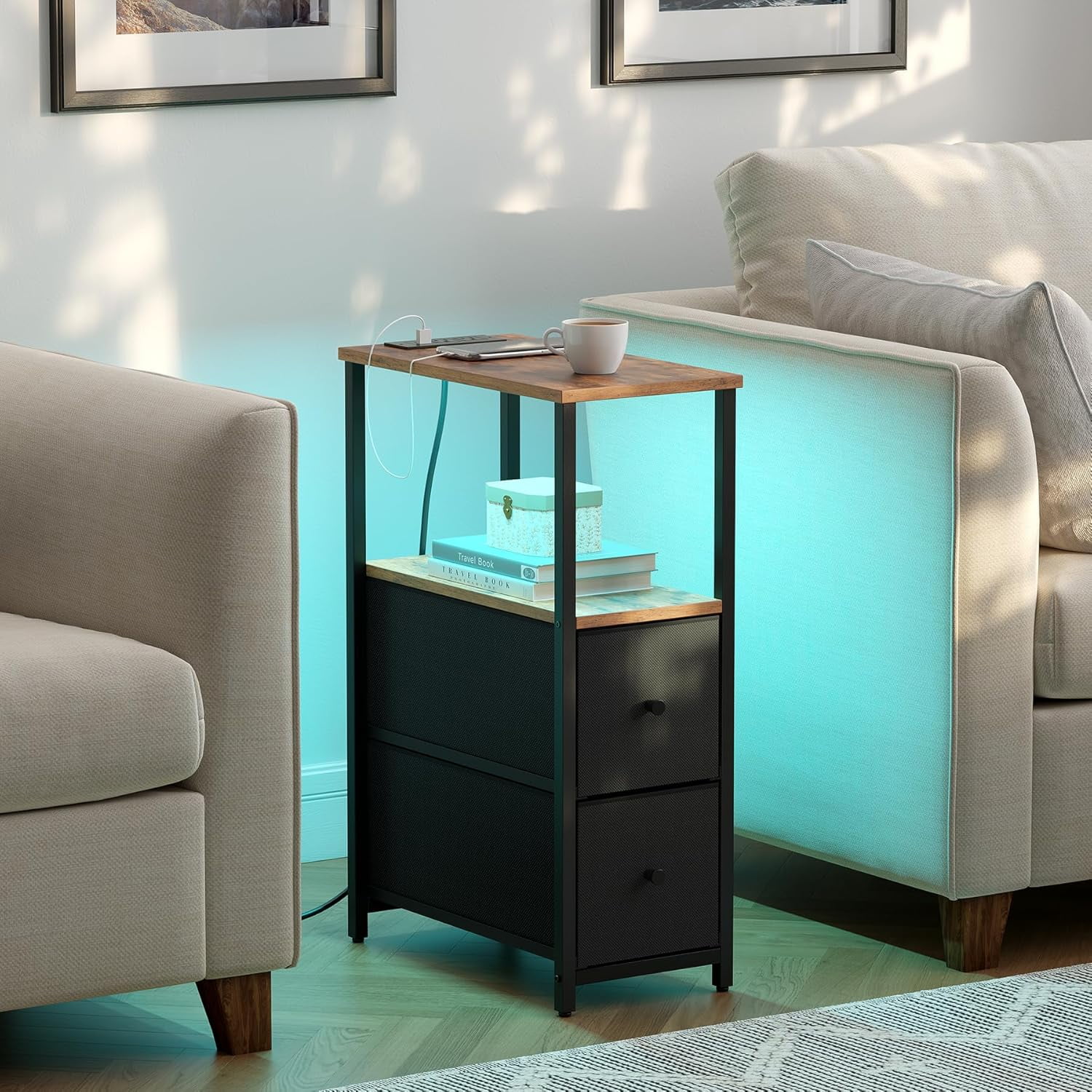 sasyxdc Small Narrow LED End Table with Charging Station Side Table ...
