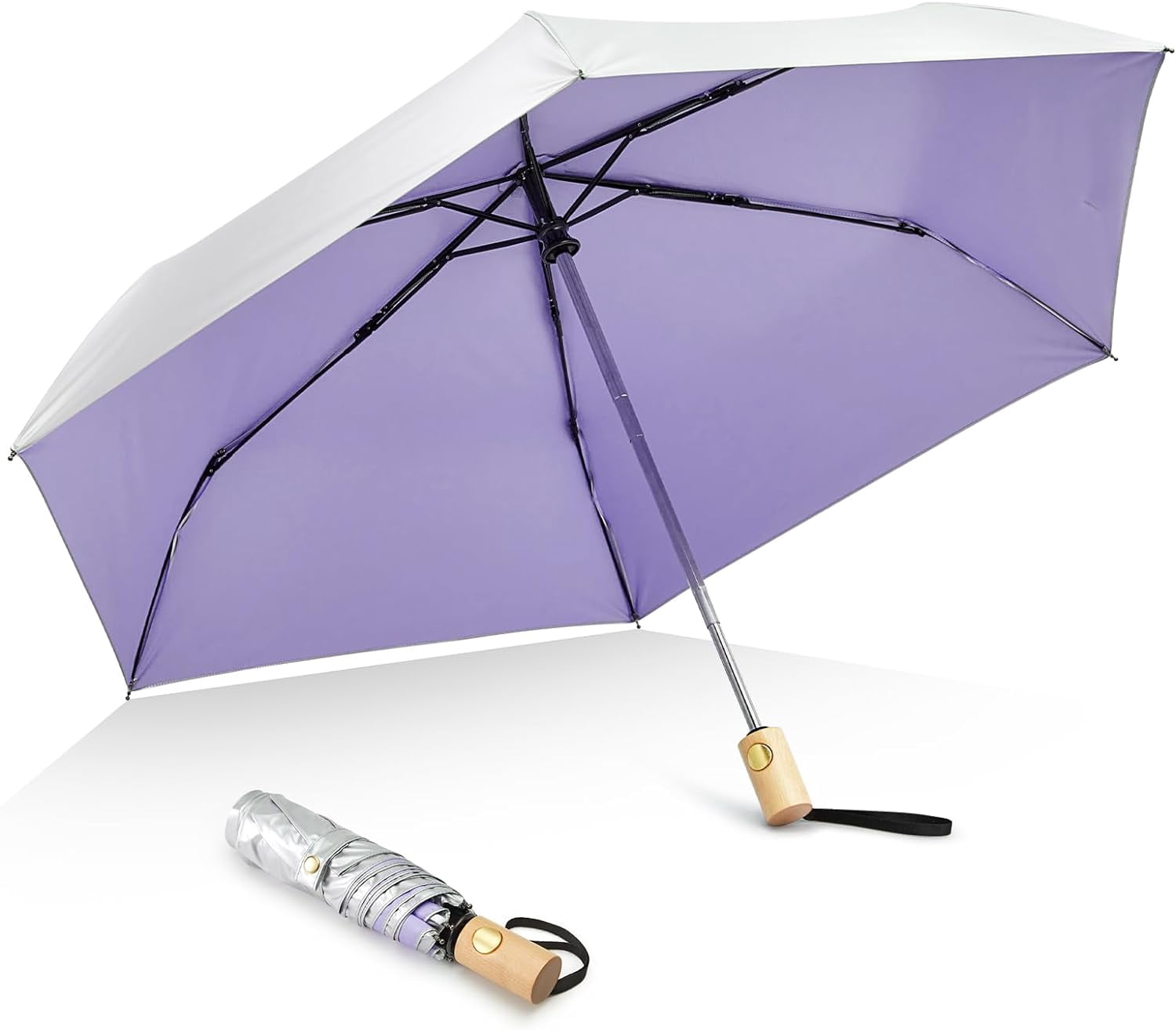 sasyxdc UPF 50+ UV Travel Umbrella with Wooden Handle 42 Inch ...