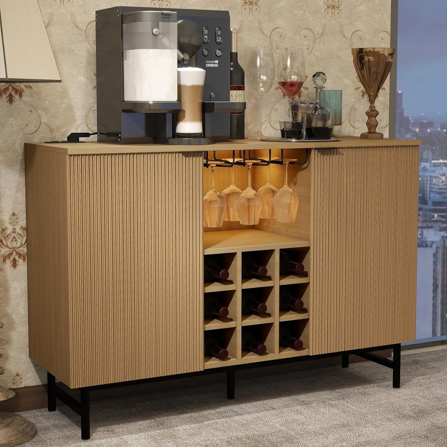SASYXDC Wine Bar Cabinet with Power Outlets and LED Lights Fluted ...
