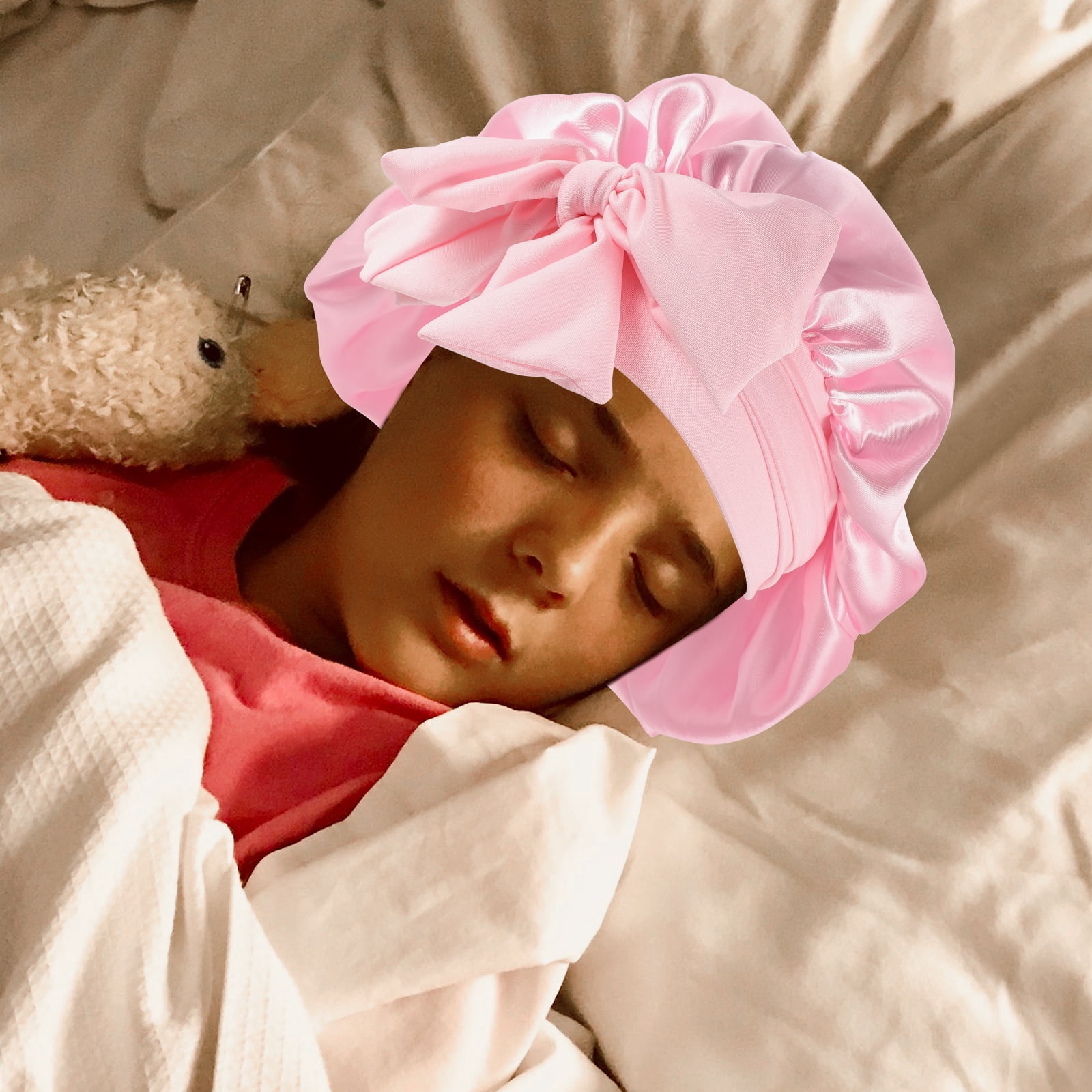 FRCOLOR Pink Satin Bonnet with Elastic Band for Comfortable Sleep and ...