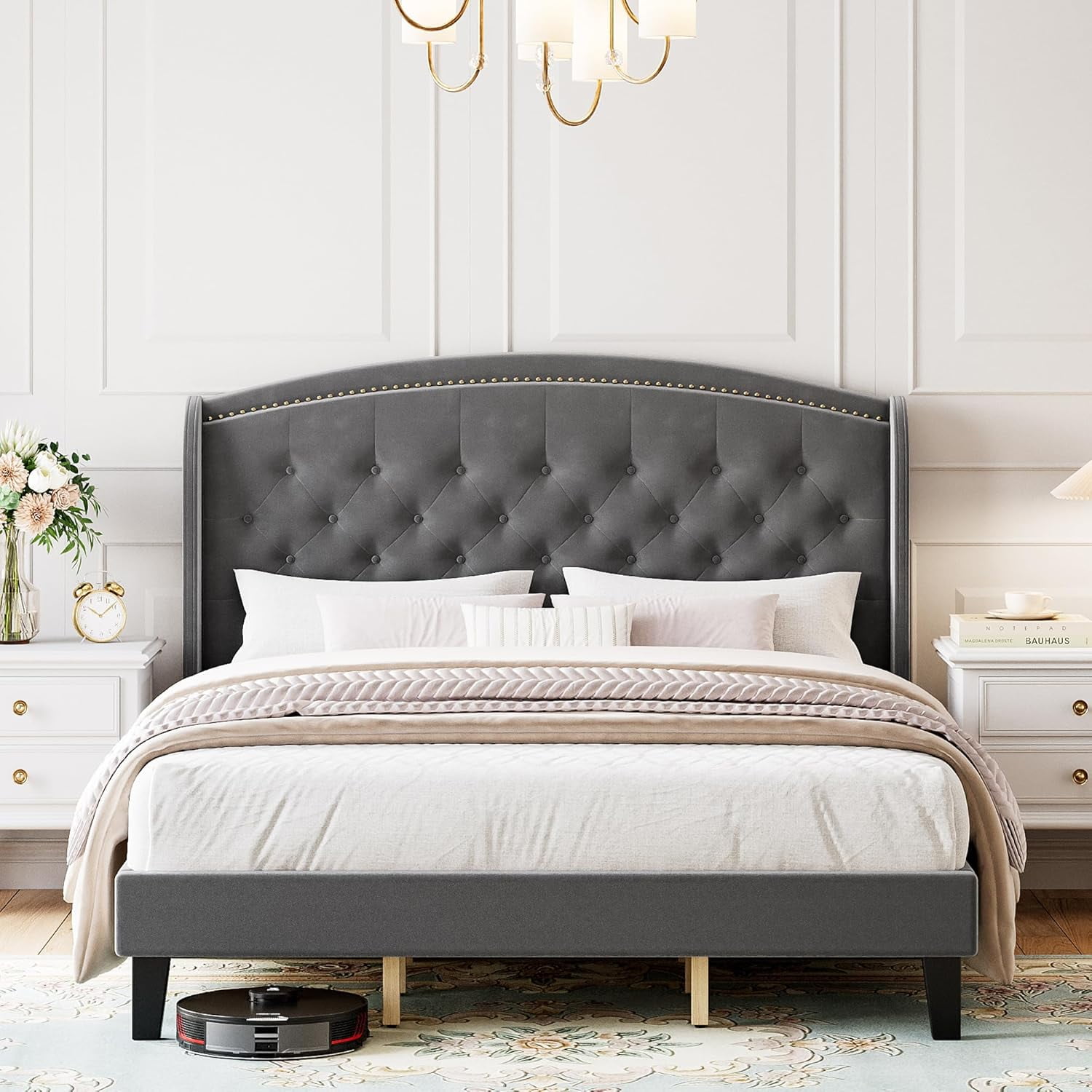 sbgunmni King Size Bed Frame Velvet Upholstered Platform Bed Frame with Wingback Headboard ...