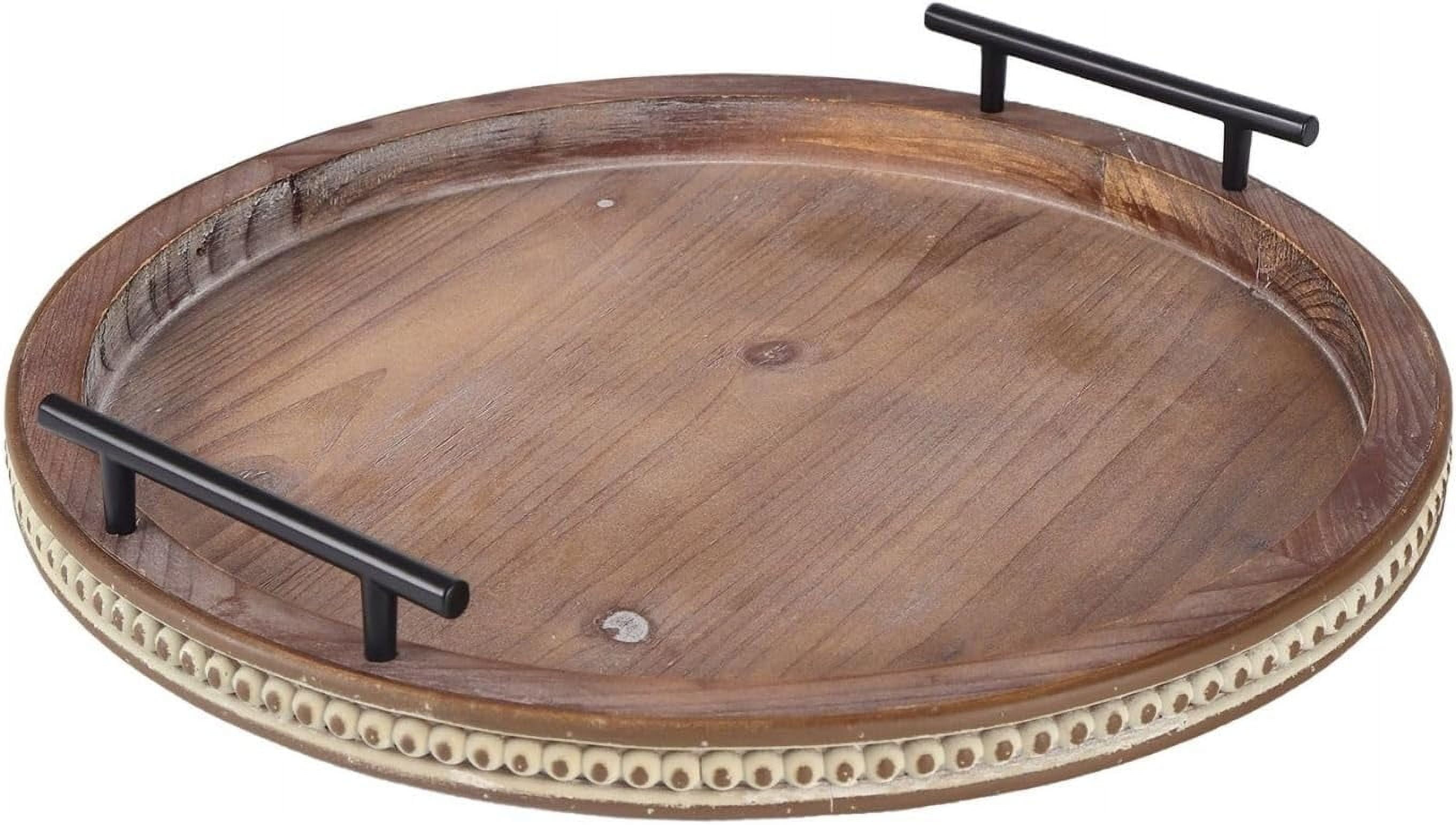 bsyrew Round Coffee Table Tray Beaded Wooden Serving Tray with Handles ...