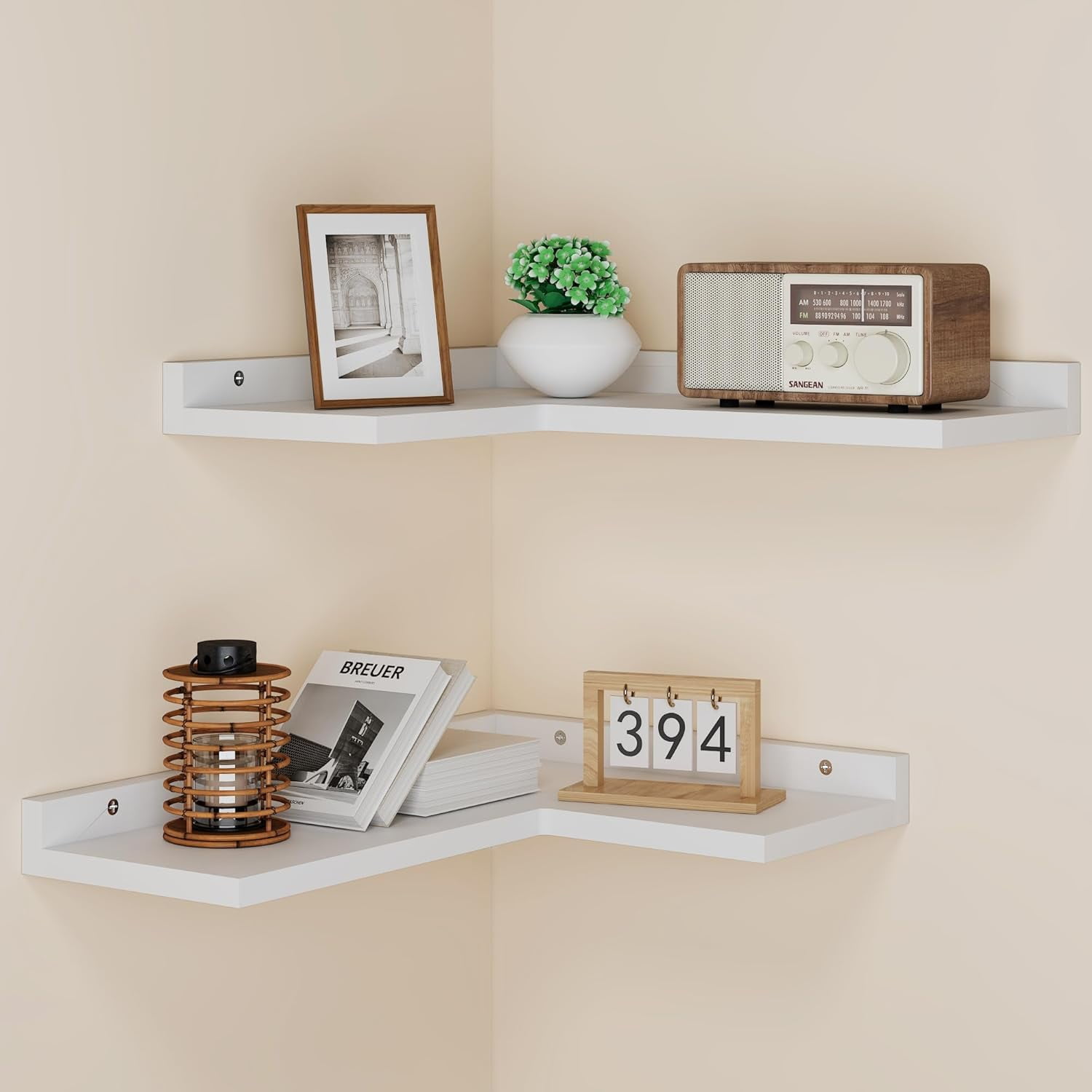sdzinft White Corner Shelves 2 Tier Natural Wood Floating Corner Shelves Wall Mount Corner Wall ...