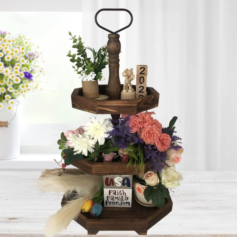 sdzkift 3 Tiered Serving Tray Wooden Farmhouse Decorative Tray 3 Tier ...