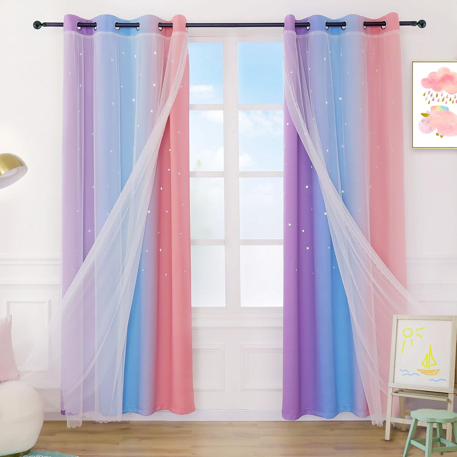 sdzkifto Pink Curtains for Girls Double Layer 2 in 1 Cutout Design ...
