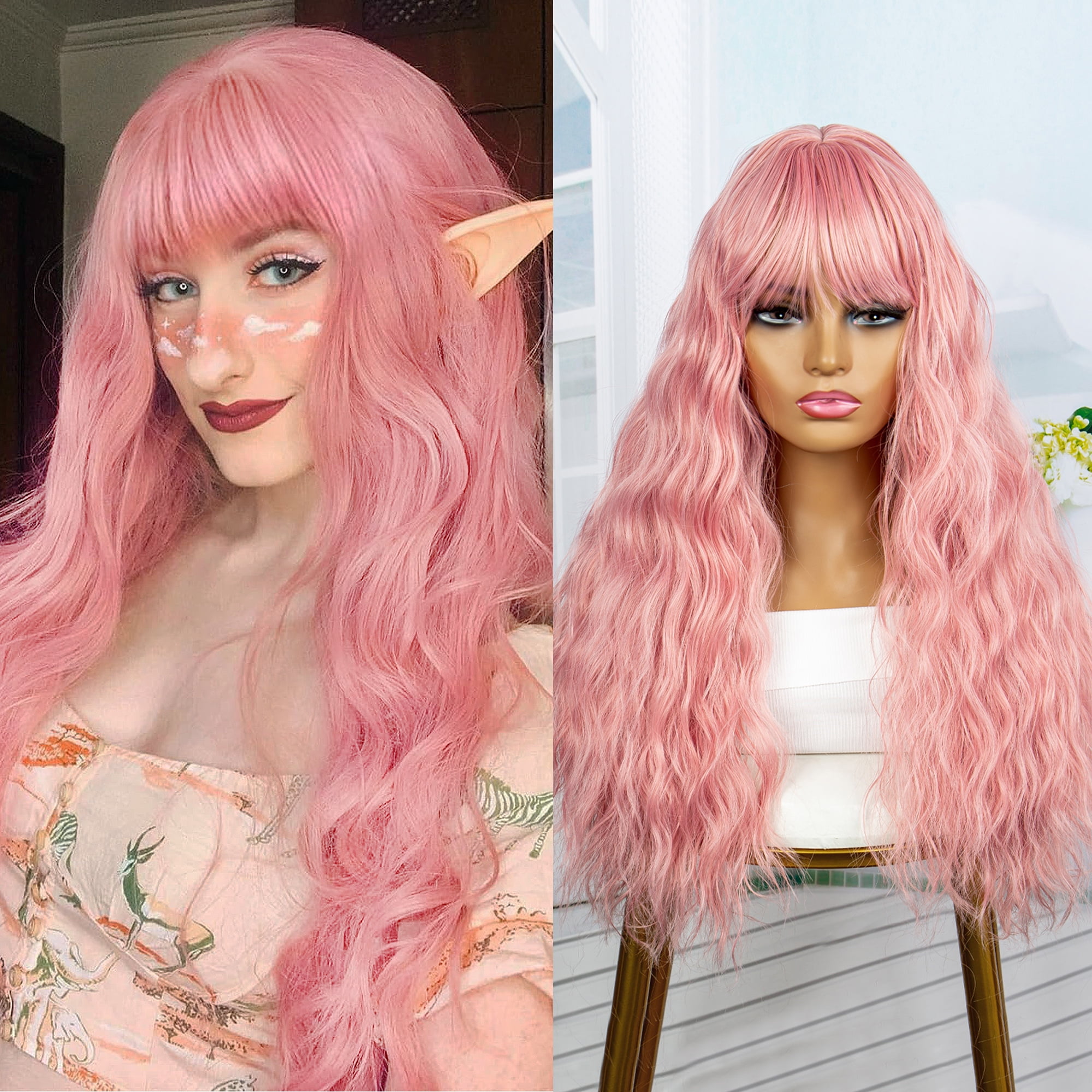sedittyhair Pink Hair Wig Curly Wavy Wigs with Bangs for Women 24 ...